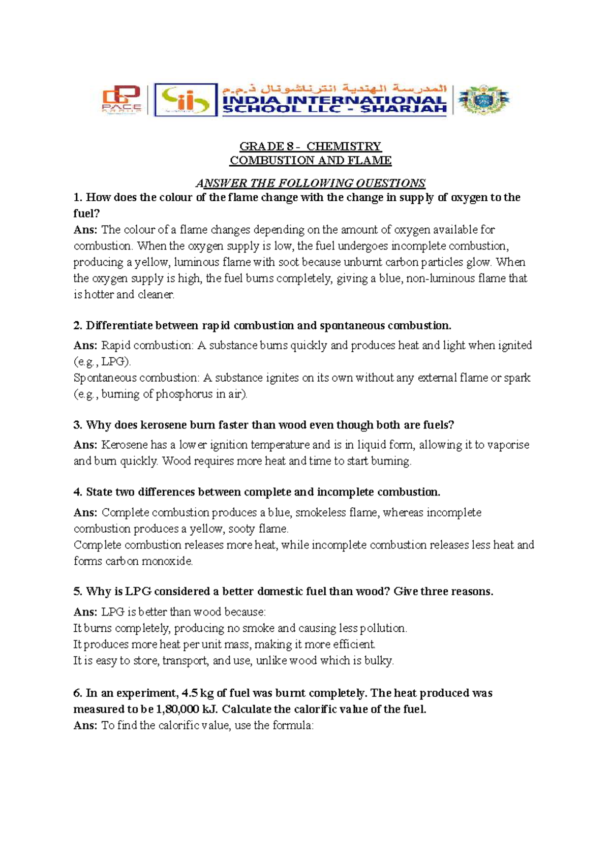GRADE 8 CHEMISTRY: COMBUSTION AND FLAME Q&A NOTES - Studocu