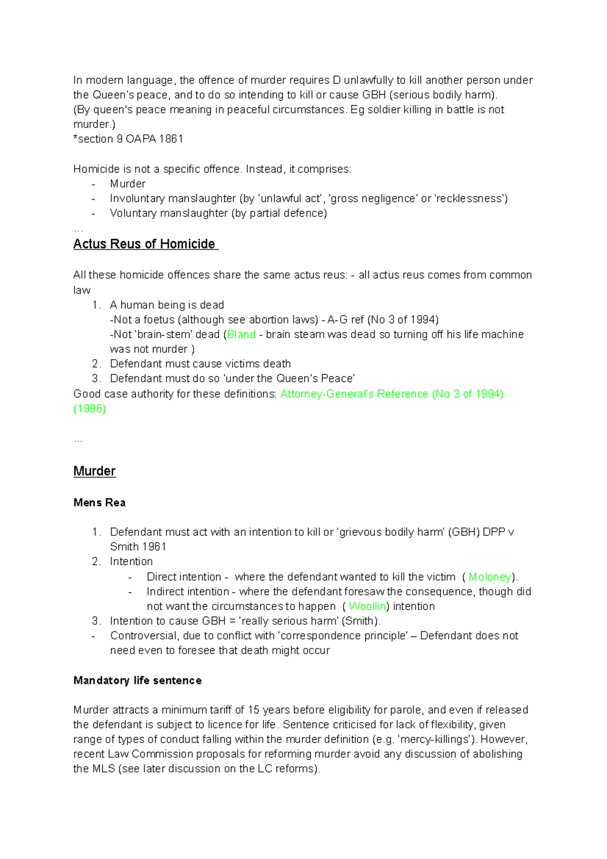 Homicide notes lecture - In modern language, the offence of murder ...