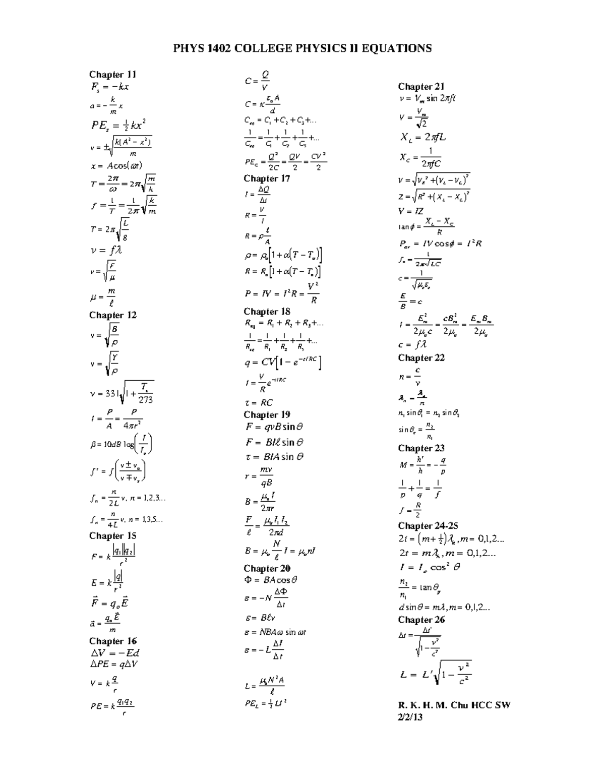 PHYS 1402 COLLEGE PHYSICS II: Mid & Final Exam Equations Cheat Sheet - Studocu