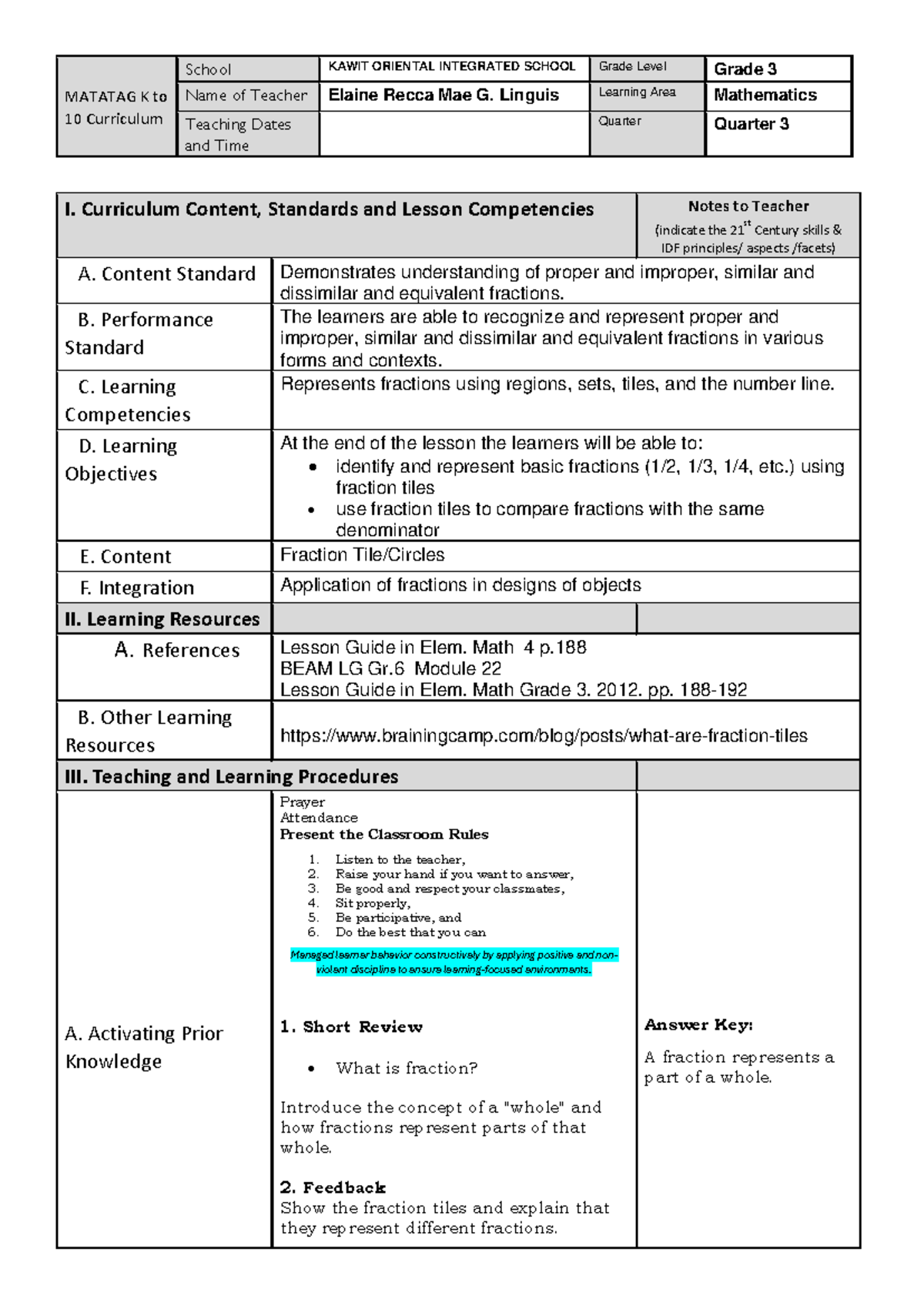 Lesson Plan in Mathematics Grade 3: Understanding Fractions - Studocu