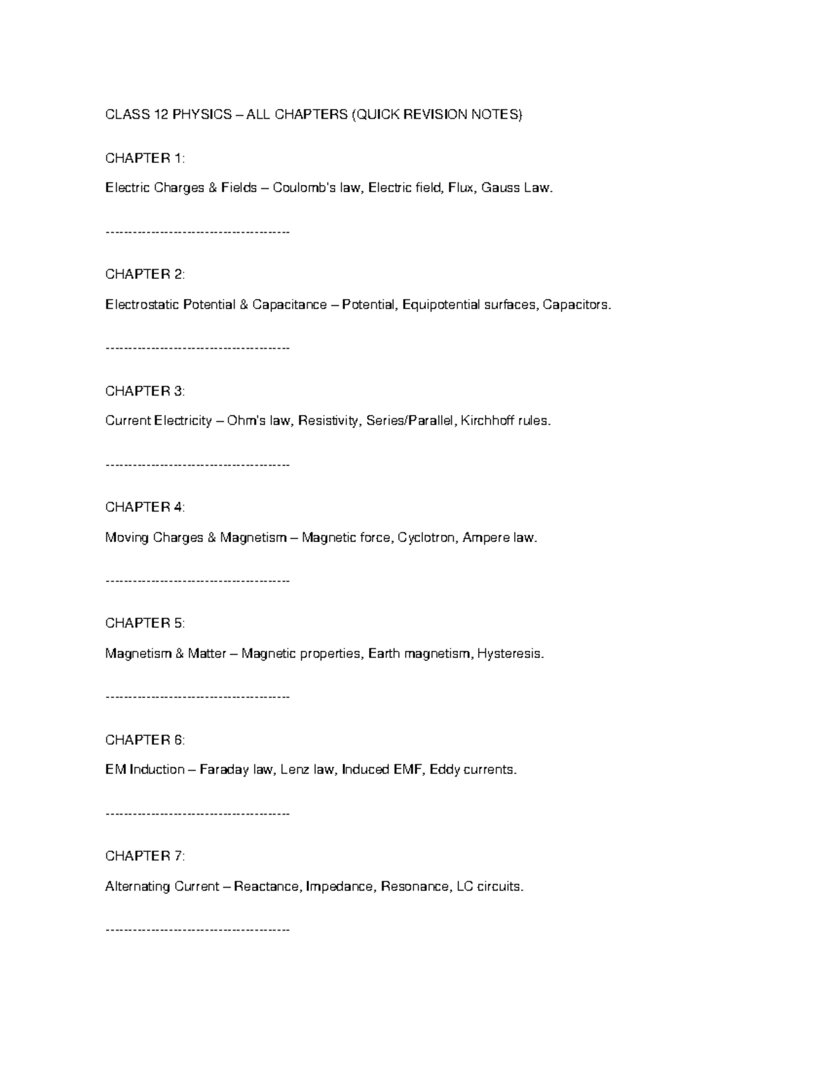 CLASS 12 PHYSICS QUICK REVISION NOTES: ALL CHAPTERS - Studocu