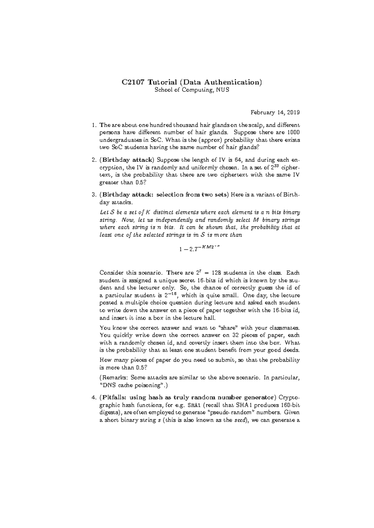 C2107 Tutorial 3: Data Authentication Concepts and Probability Analysis ...