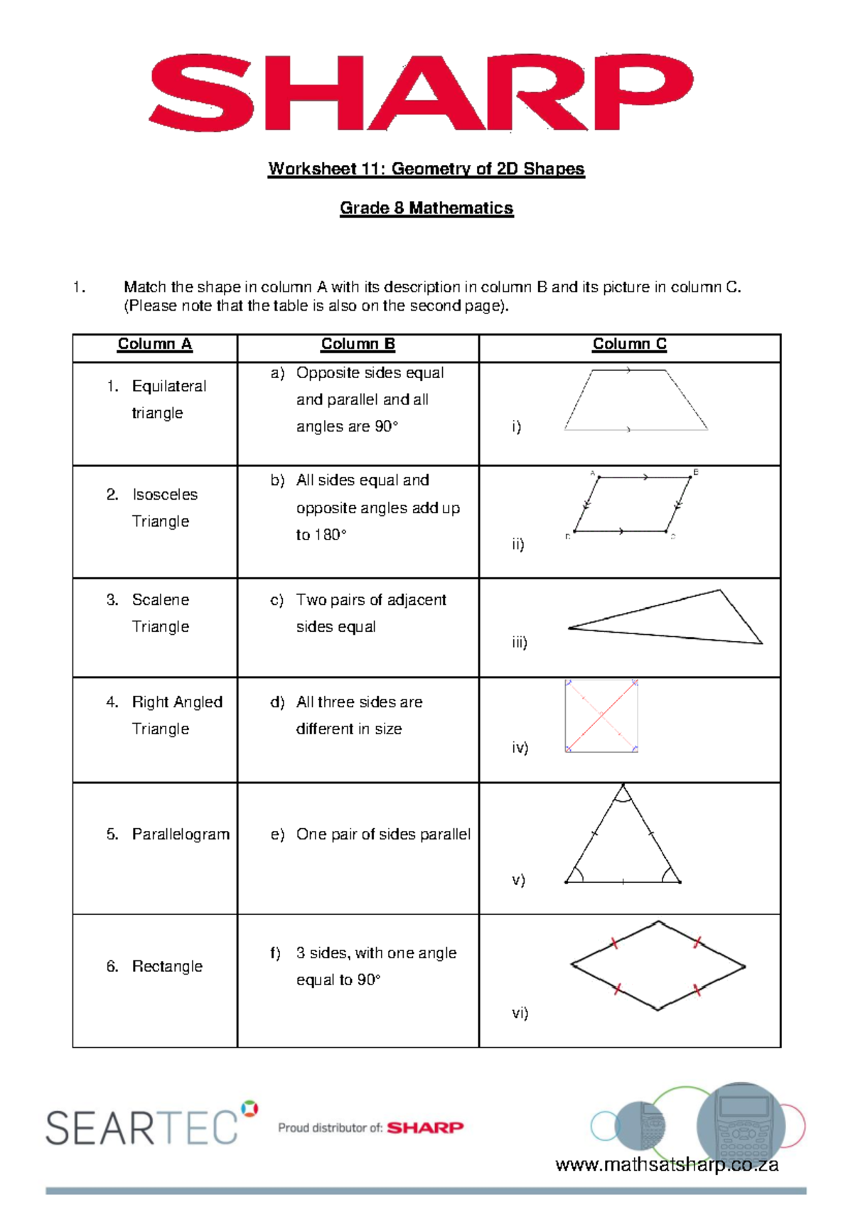 Worksheet 11: Geometry of 2D Shapes - Grade 8 Math - Studocu