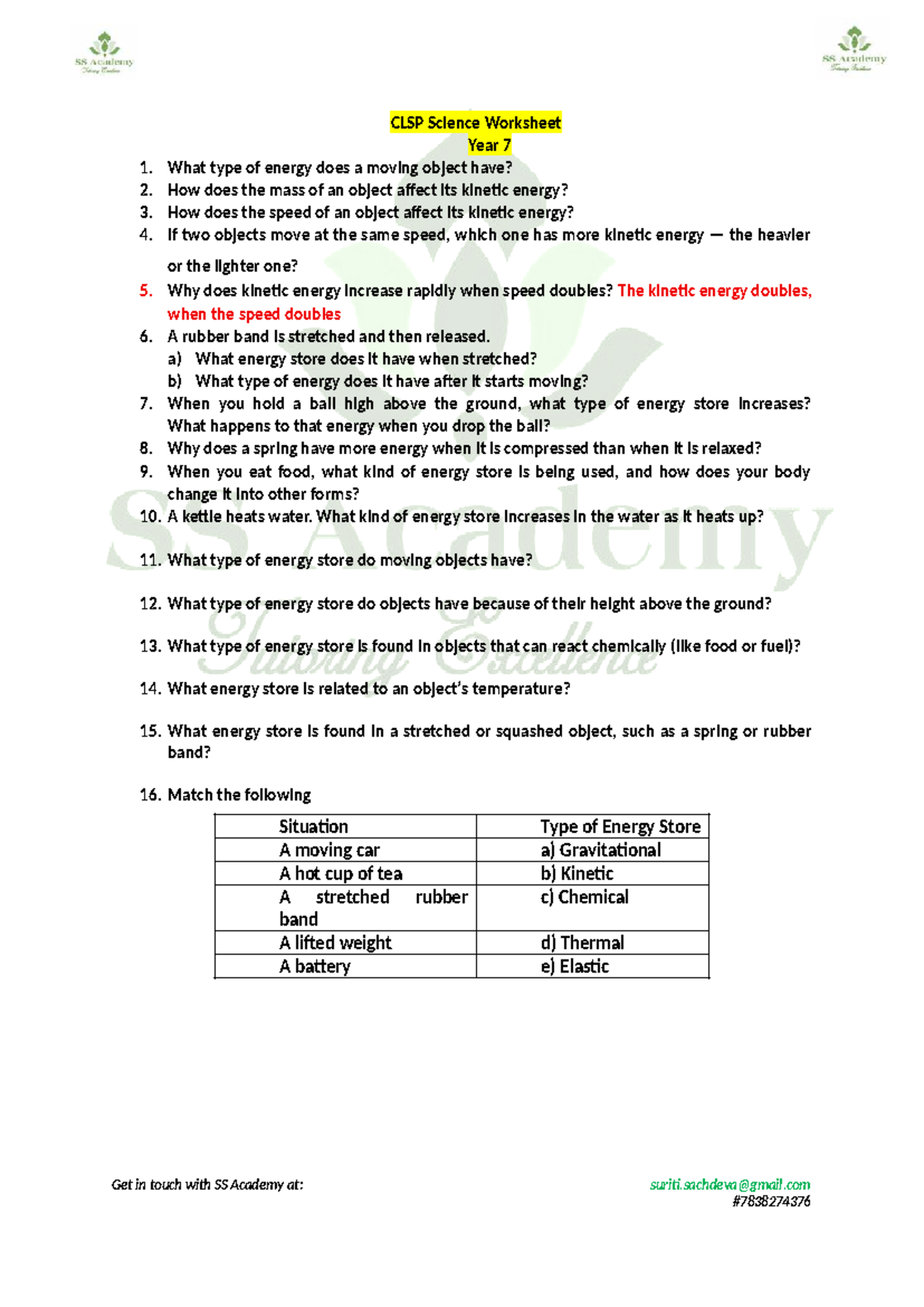 CLSP Science Worksheet: Understanding Energy Types for Year 7 - Studocu