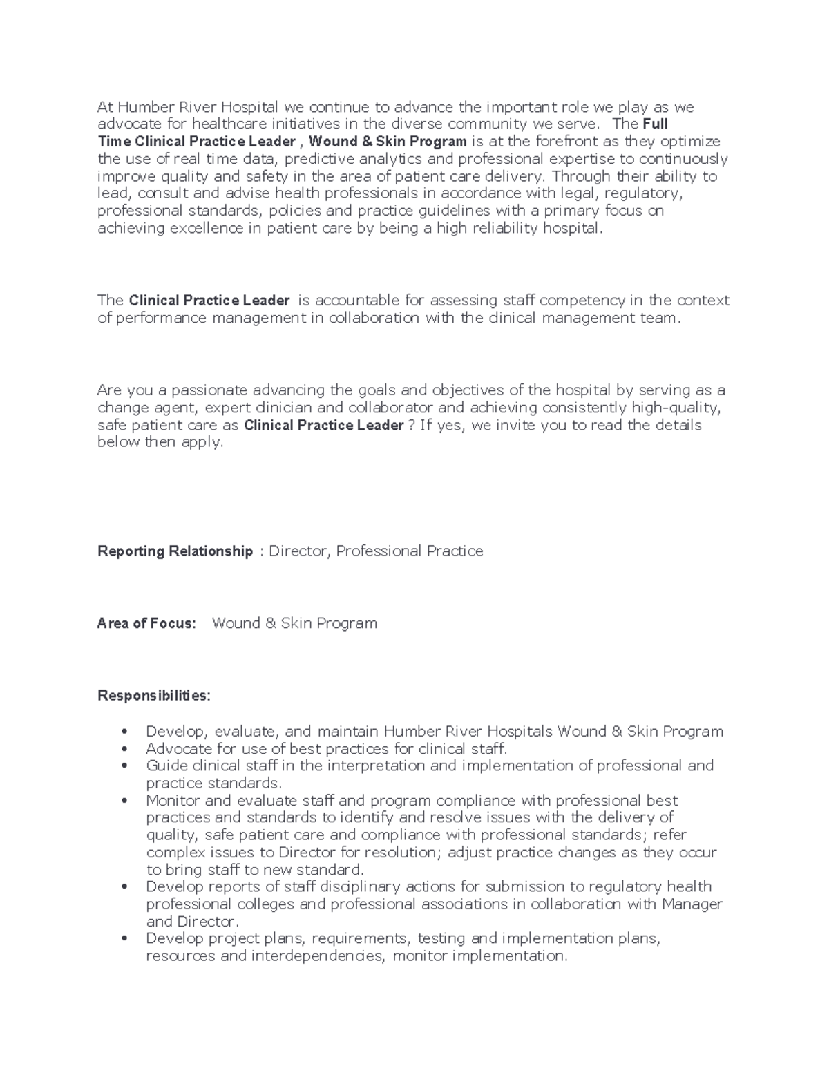 Wound Skin Program Clinical Practice Leader Duties - HRH - Studocu