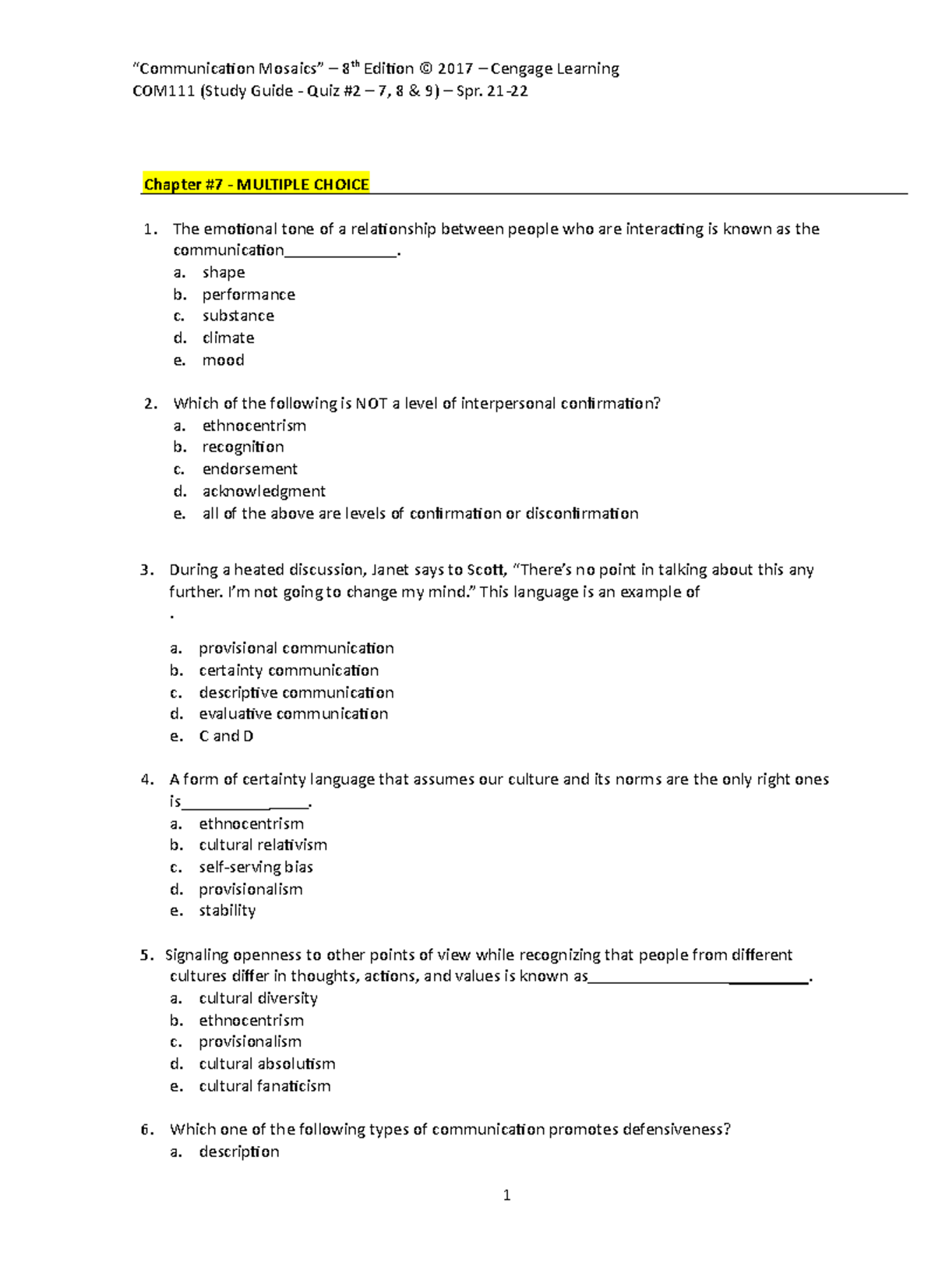 COMM 111 Study Guide - Quiz #2 - Chapters 7, 8 & 9 - Spr. 21-22 - Studocu