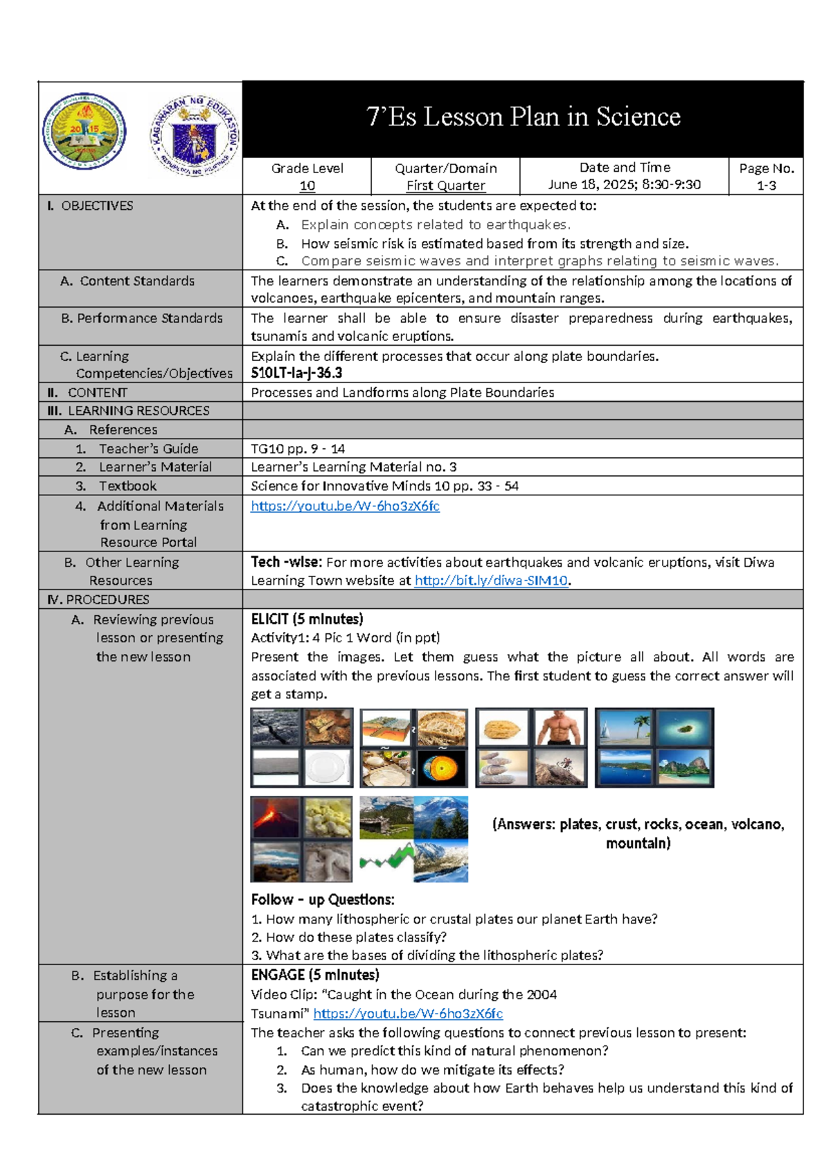 Lesson Plan: Earthquake Concepts and Preparedness (STEM 12) - Studocu