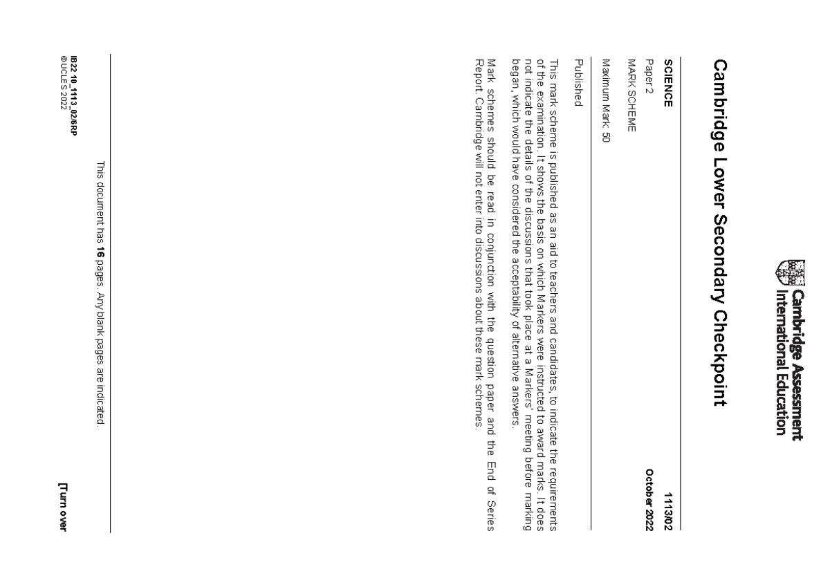 Cambridge Lower Secondary Checkpoint Science Paper 2 Mark Scheme ...