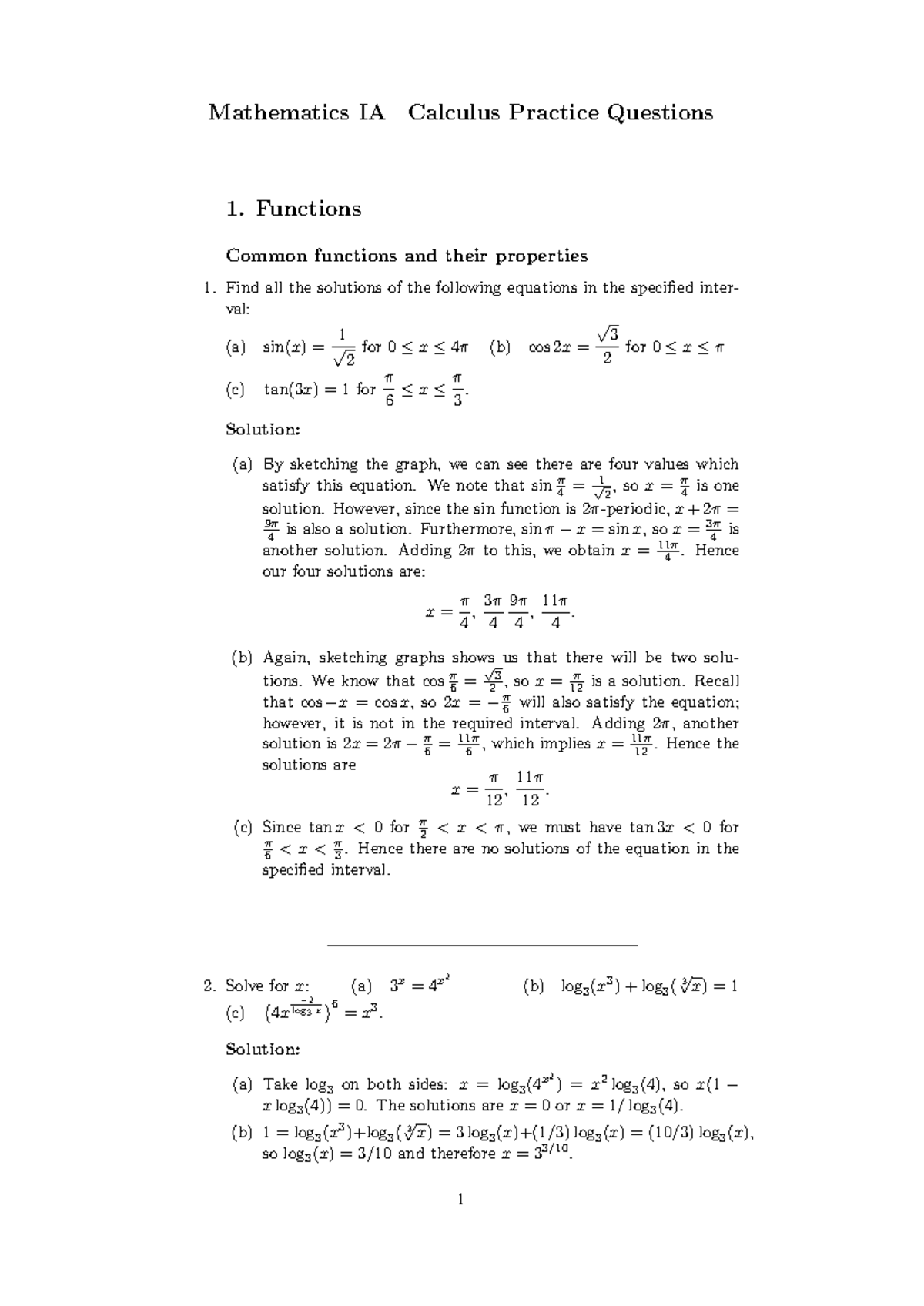Calculus IA Practice Questions and Solutions - Studocu