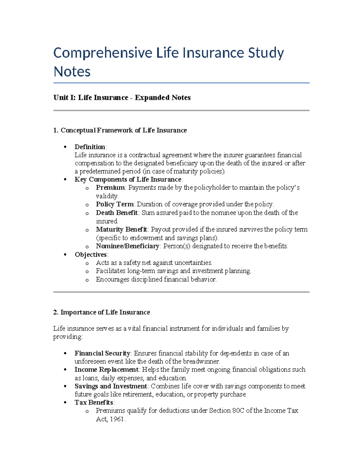 Life Insurance Comprehensive Study Notes (Course Code: INS101) - Studocu