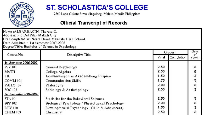 Official Transcript of Records - BS Psychology (ST 2560) - Studocu