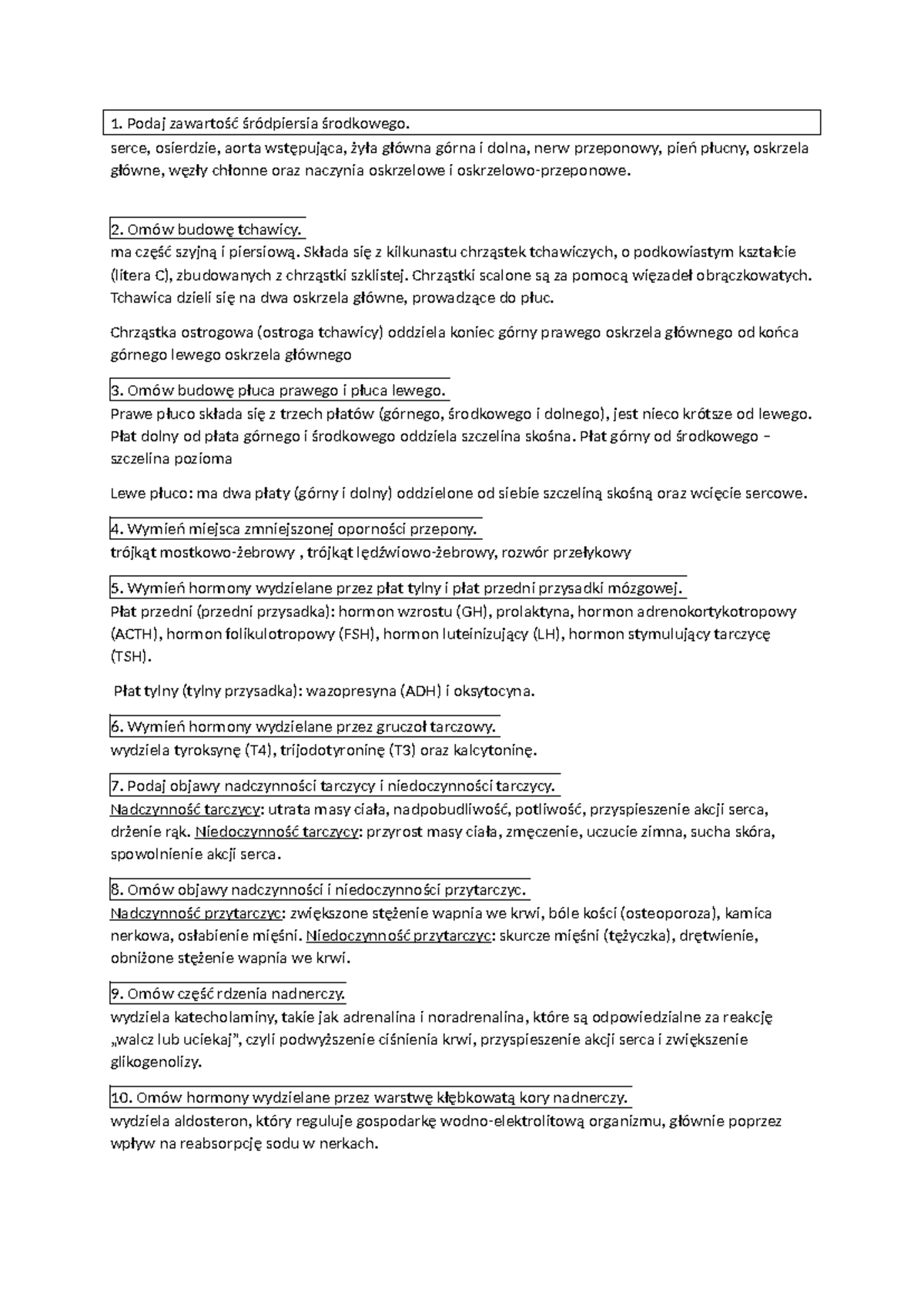 Gruczoły - 13 pytania - anatomia - Podaj zawartość śródpiersia ...