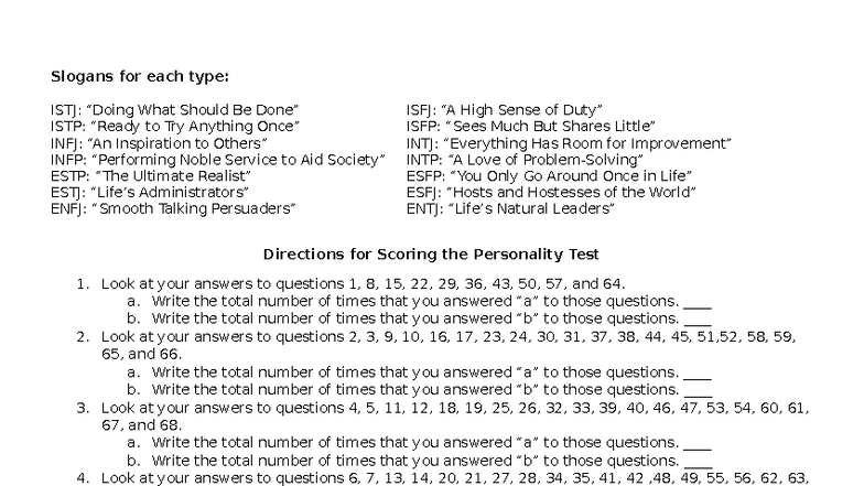 Scoring the Personality Test: A Guide to Your Type - Studocu
