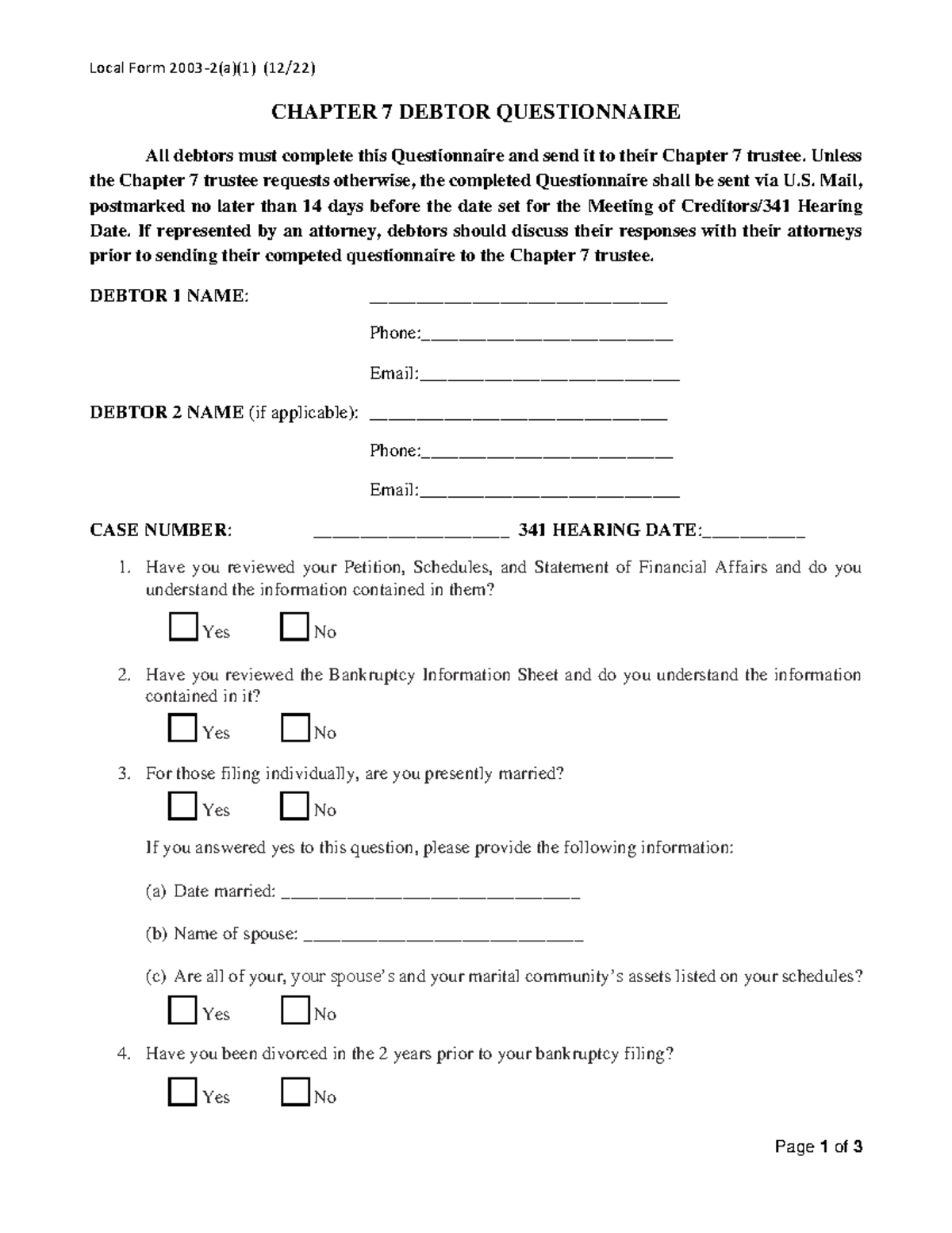 Local Form CH 7 Debtor Questionnaire for Bankruptcy Filings - Studocu