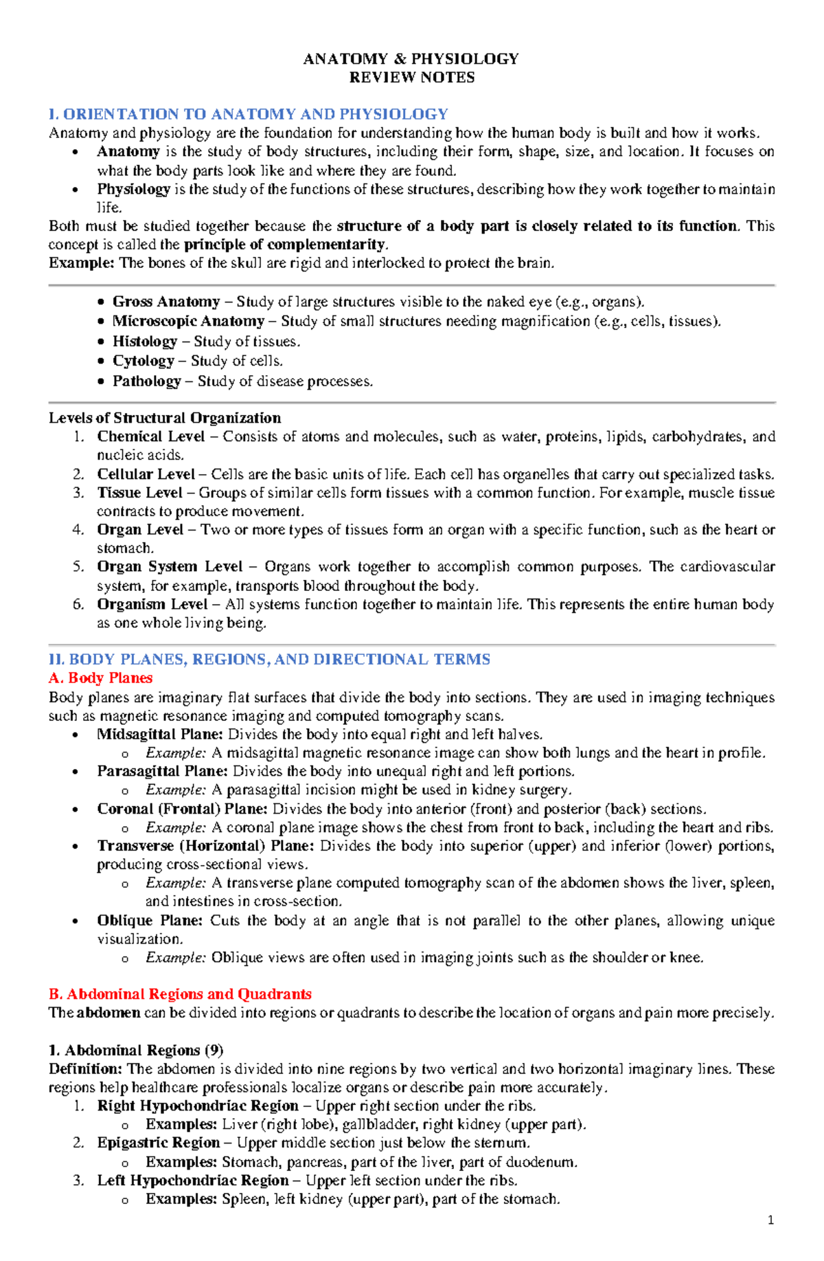 ANATOMY & PHYSIOLOGY REVIEW NOTES I: ORIENTATION & BODY SYSTEMS - Studocu
