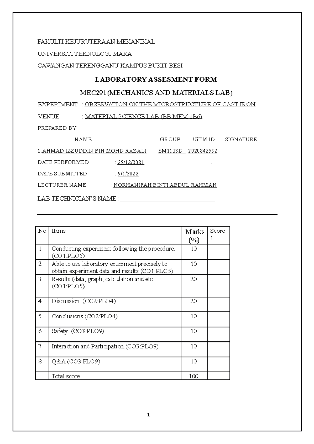 MEC291 Cast Iron Microstructure Observation Lab Report - Studocu