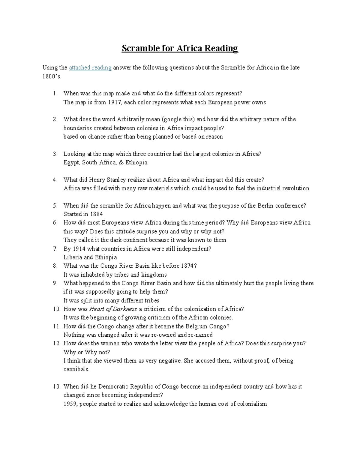 Scramble for Africa Reading Done - Scramble for Africa Reading Using ...