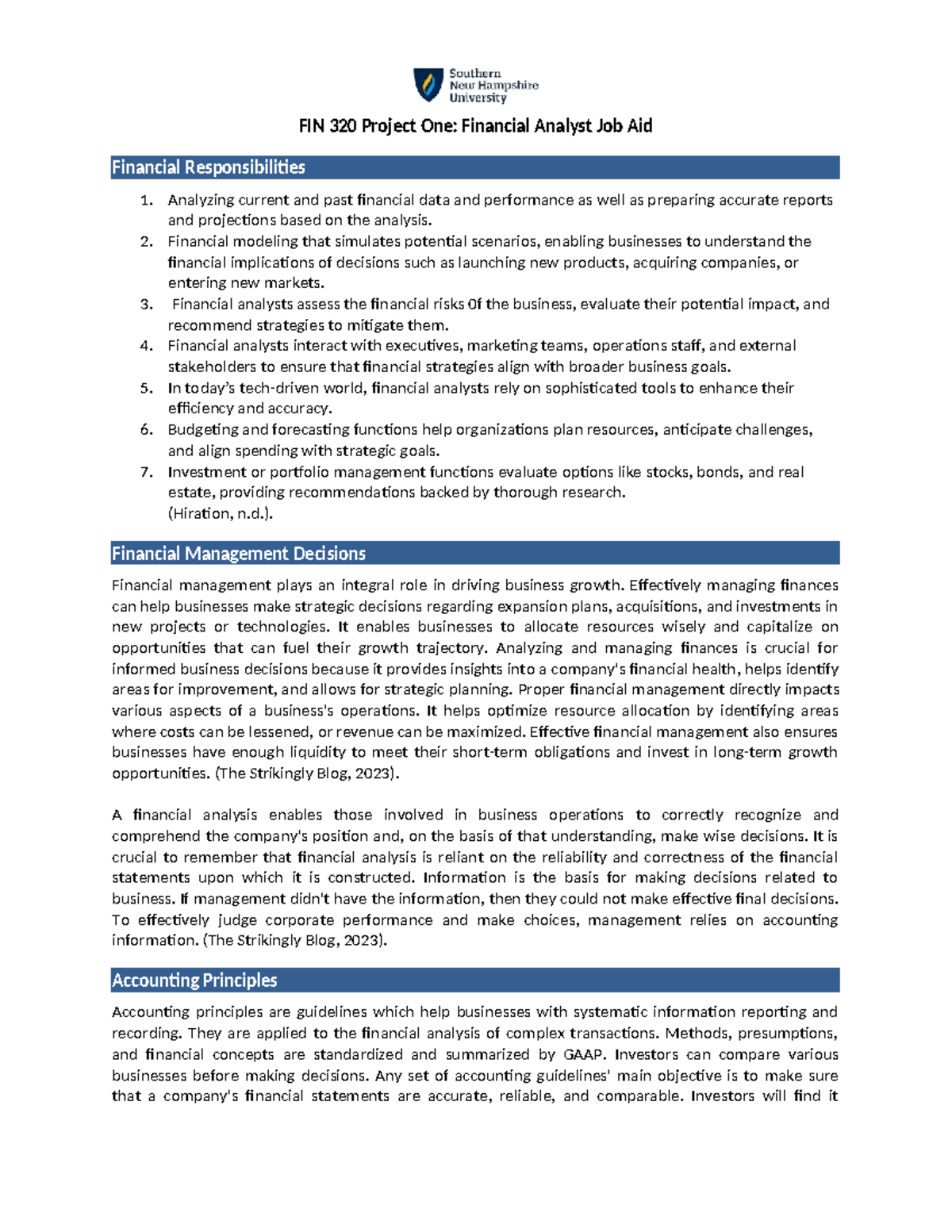 FIN 320 Project One: Financial Analyst Job Aid Overview - Studocu