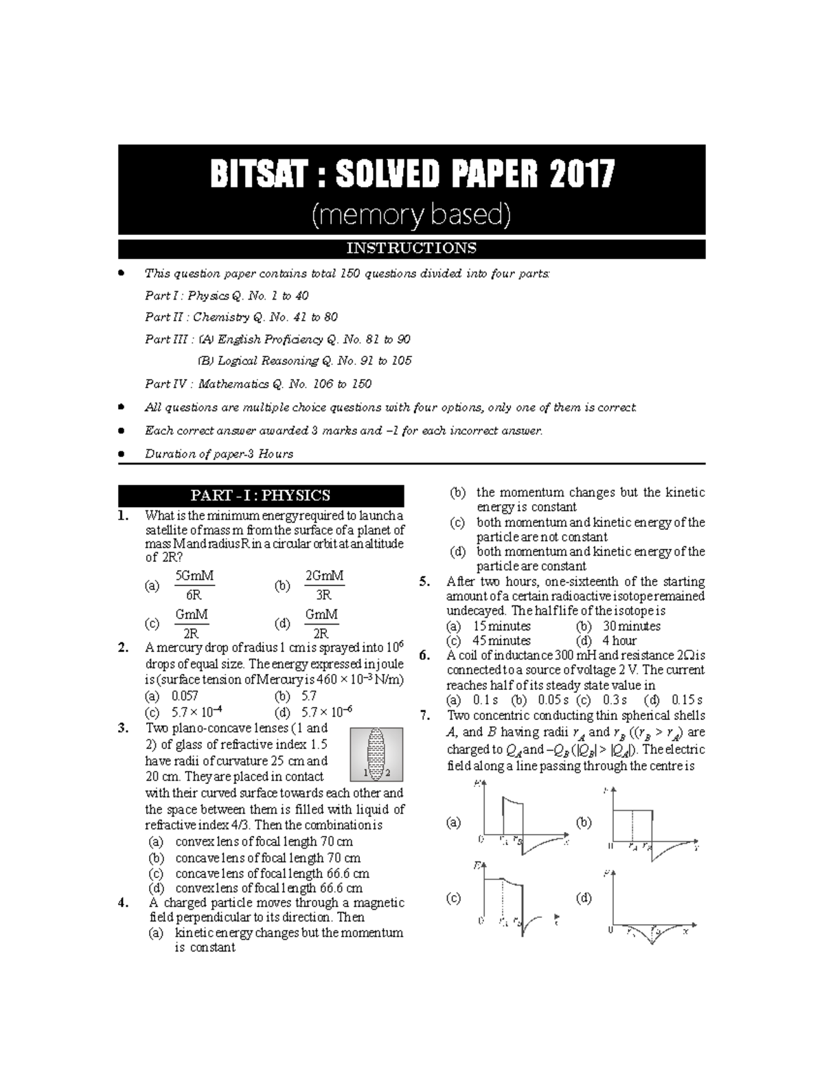 Bitsat 2017 Paper - Pyq - INSTRUCTIONS · This question paper contains ...