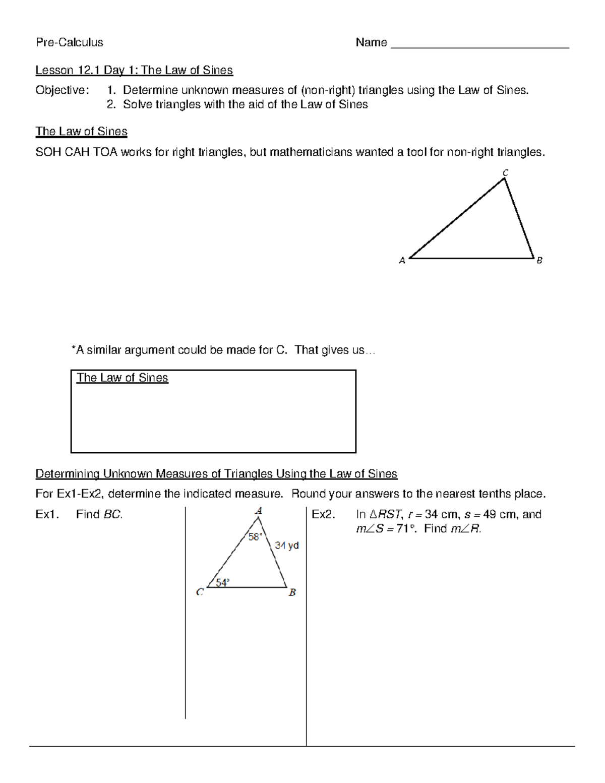 PC 12.1 Day 1 Lesson: Understanding the Law of Sines in Triangles - Studocu