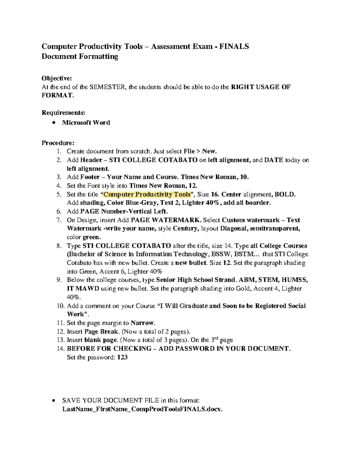 Computer Productivity Tools FINALS Assessment - MS Word Formatting ...