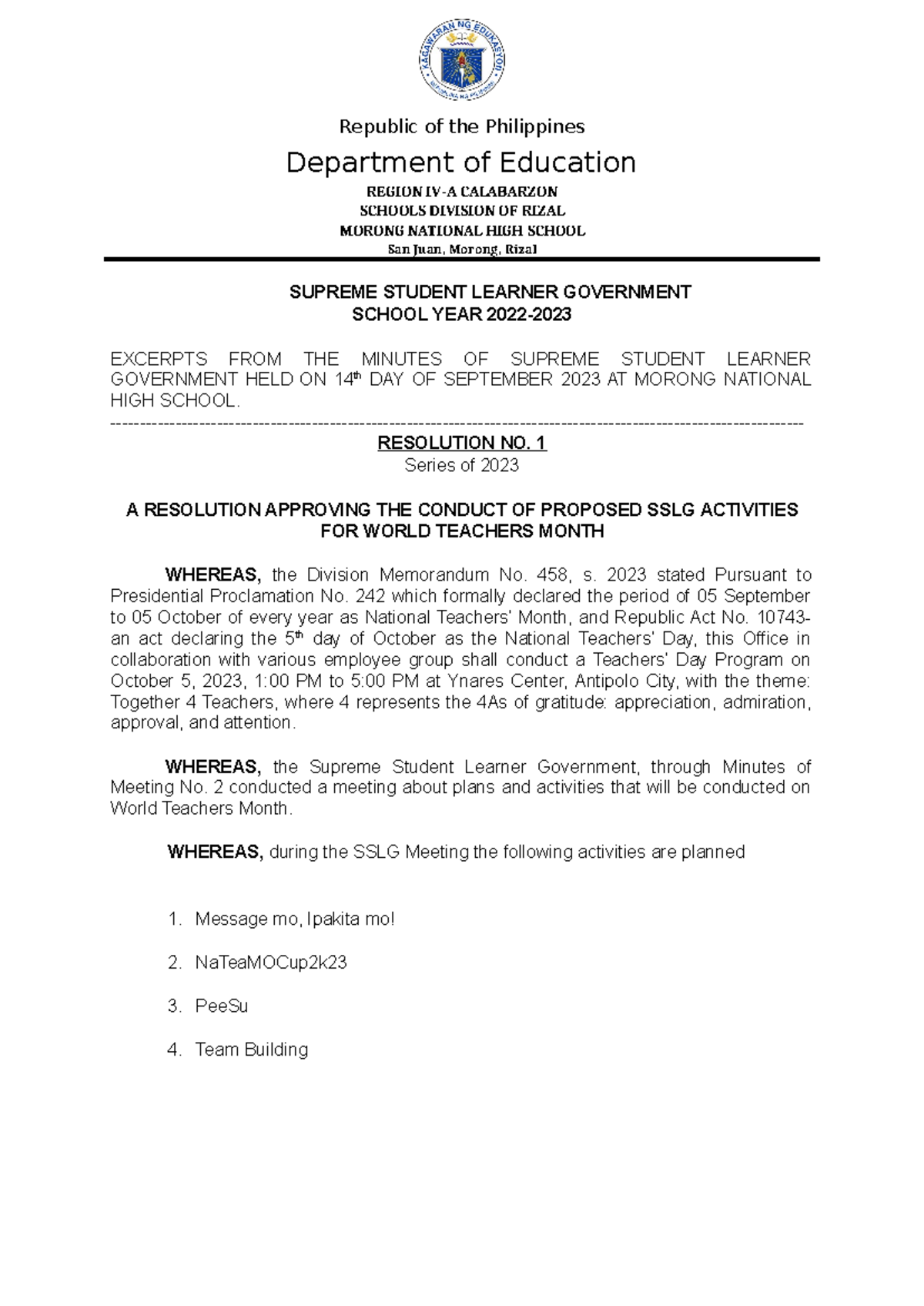SSLG Resolution 1 S: Approval of Activities for World Teachers Month ...
