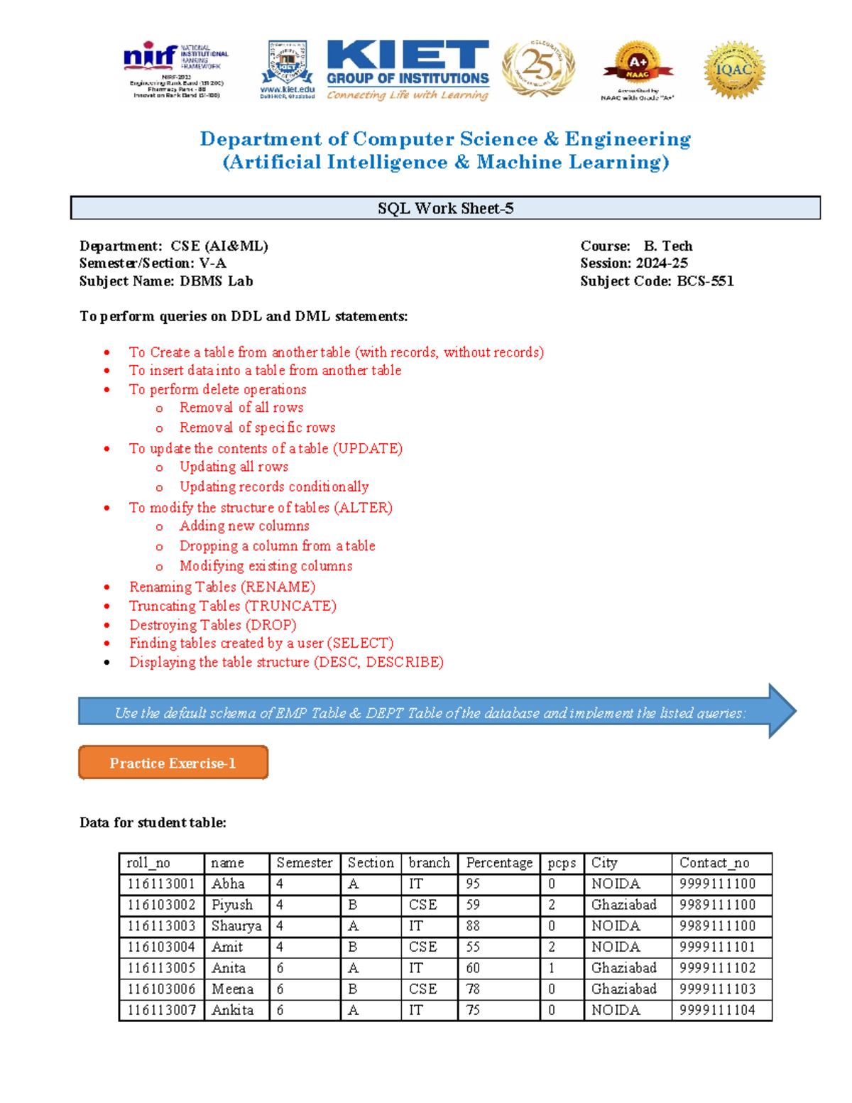 SQL Work Sheet-5 - worksheet - Department of Computer Science ...