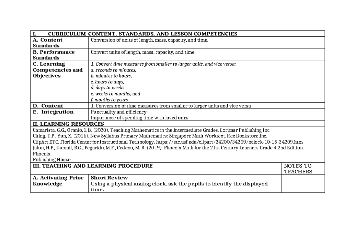 CO-2-MATH 4 - Lesson Plan on Unit Conversion and Time Measures - Studocu
