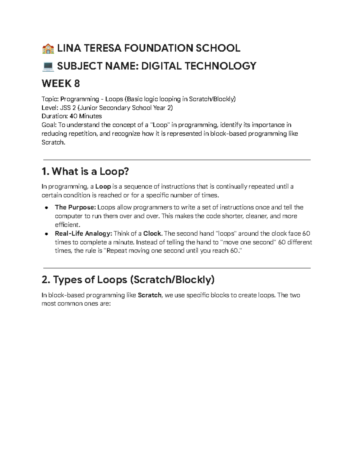 JSS 2 Digital Technology Week 8: Understanding Programming Loops - Studocu