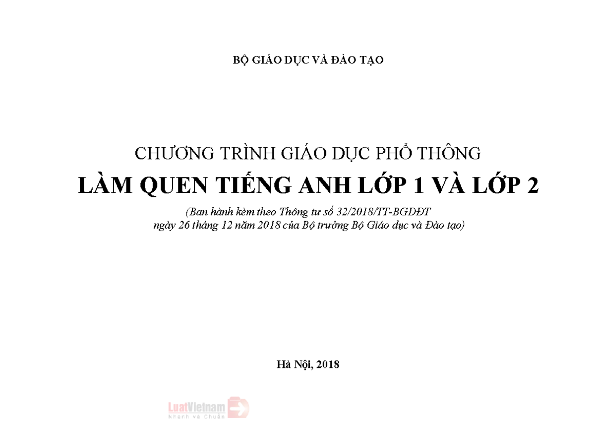 Chương Trình Làm Quen Tiếng Anh Lớp 1 & 2 - BGDĐT 2018 - Studocu