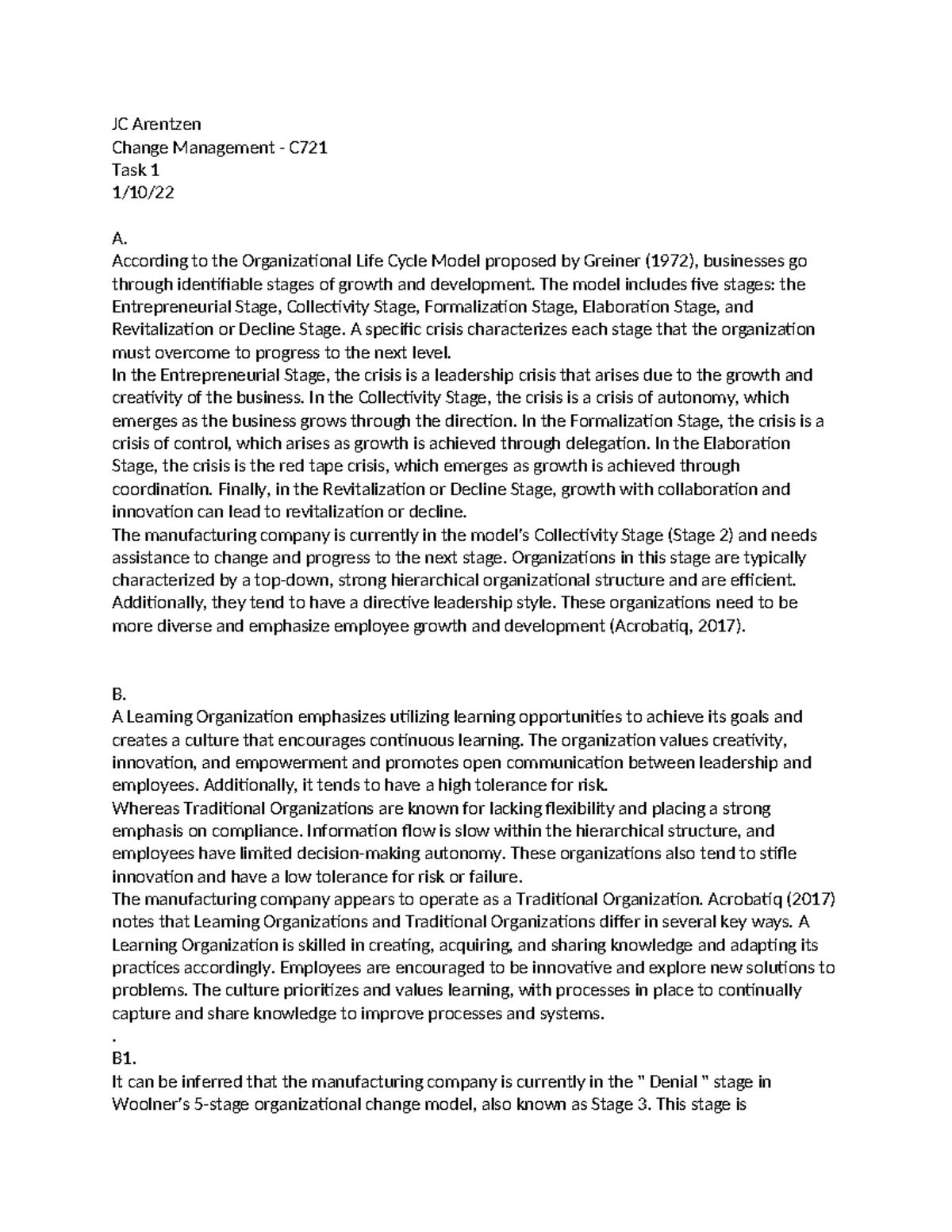 Change Management C721 Task 1: Analyzing Organizational Change Models ...