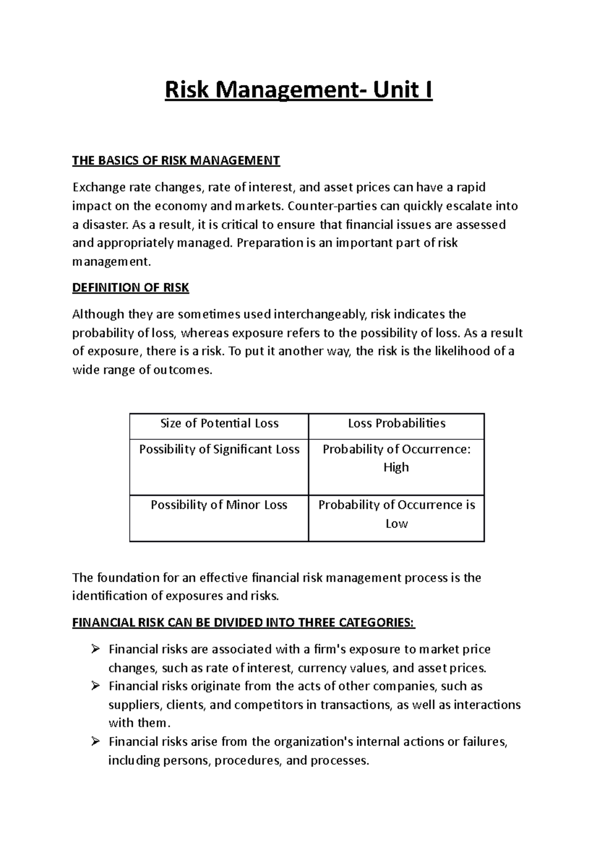Risk Management- Unit I- Lecture Notes - Risk Management- Unit I THE ...