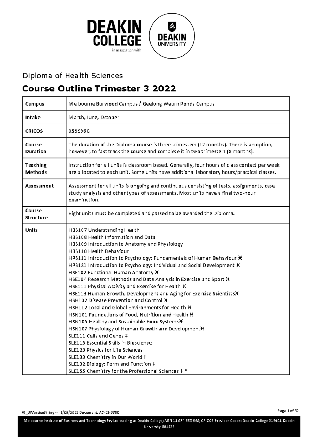 Diploma of Health Sciences Course Outline T3 2022 at Deakin College ...