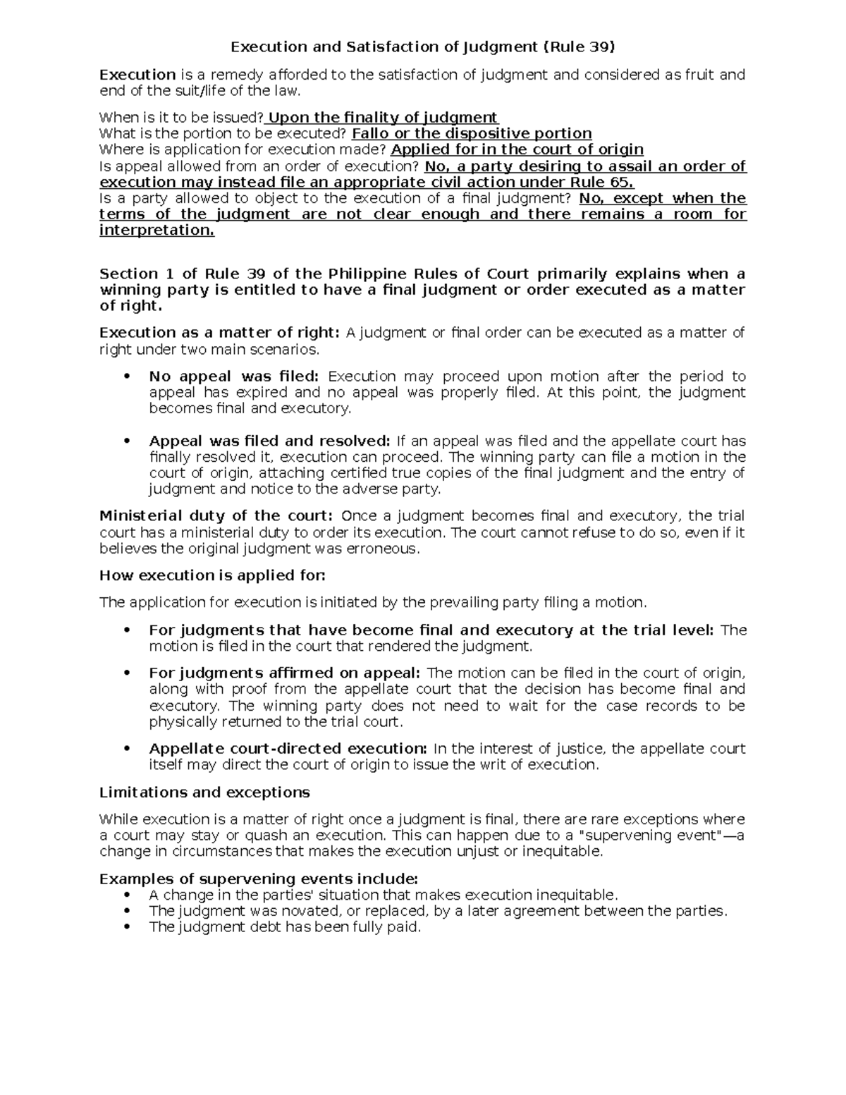Execution and Satisfaction of Judgment: Insights on Rule 39 - Studocu