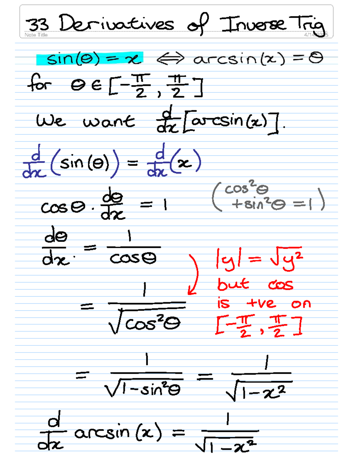 Derivatives of Inverse Trig Functions - COS202 Lecture Notes - Studocu