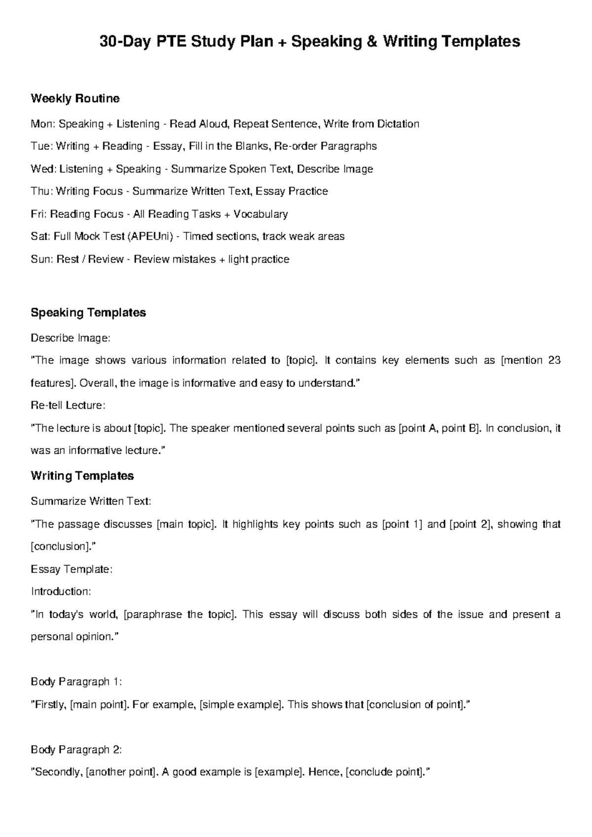 PTE Study Plan & Templates: Weekly Routine for Speaking & Writing - Studocu