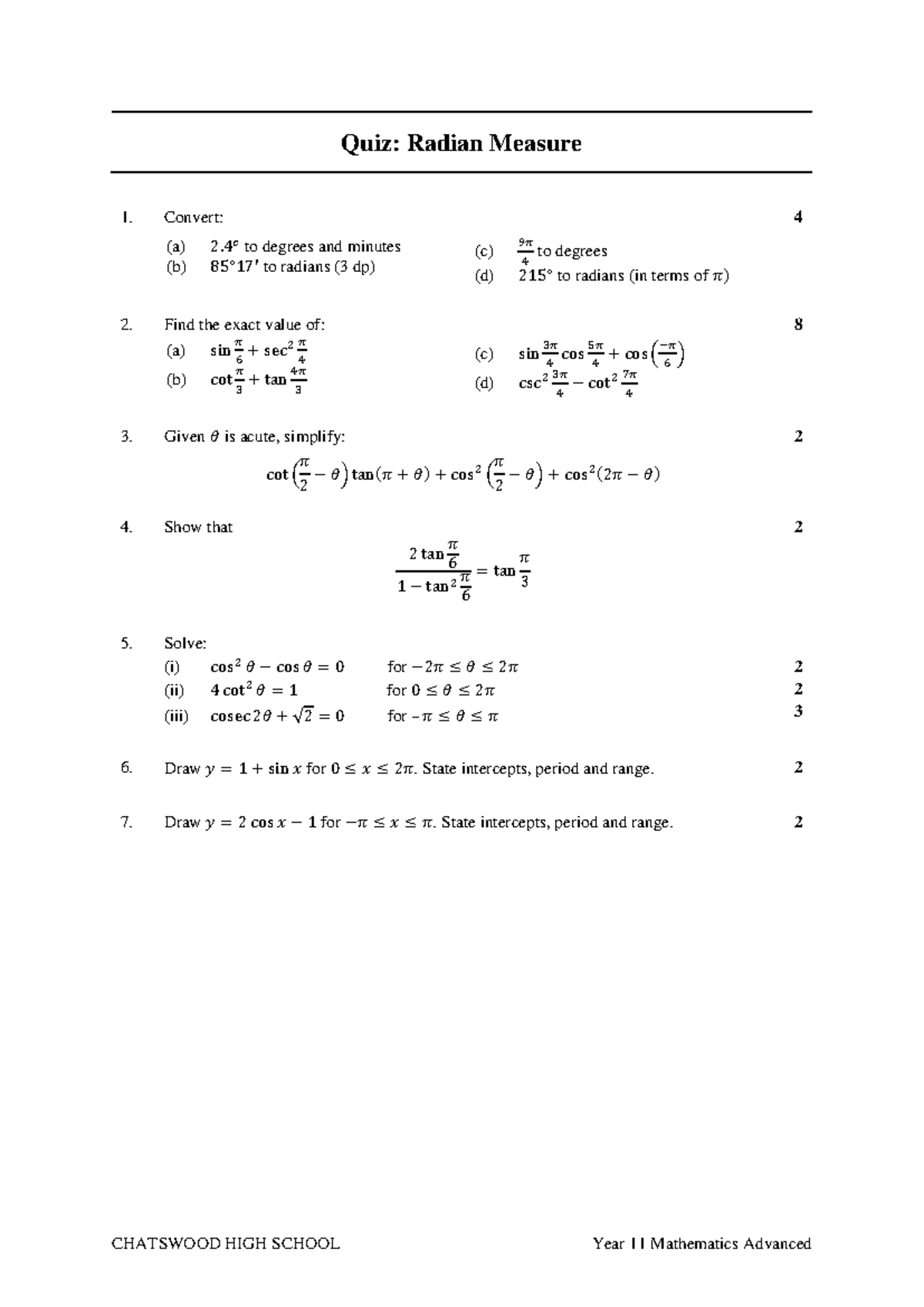 Quiz: Radian Measure and Trigonometric Functions (MAT1) - Studocu