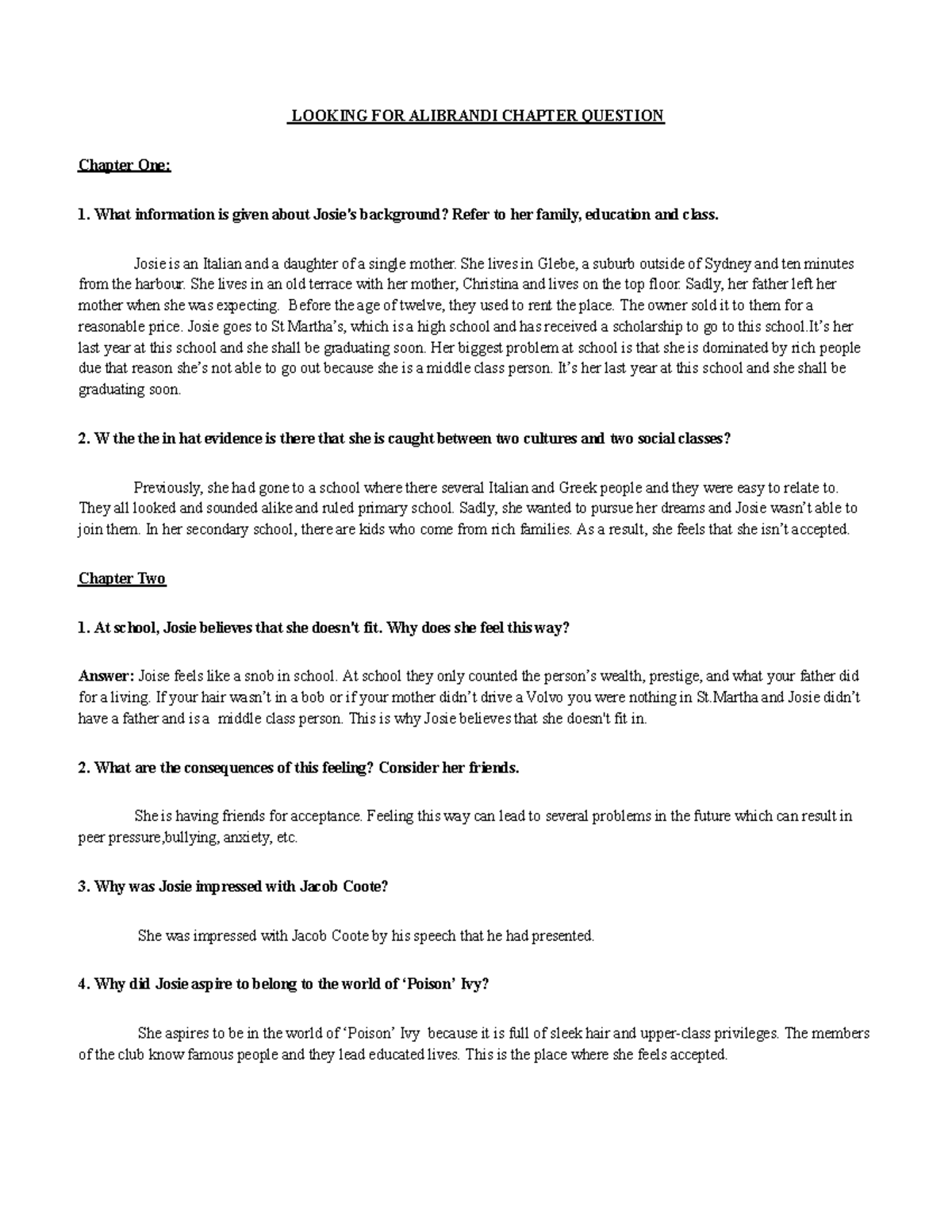 Looking for Alibrandi - Chapter Analysis Notes (LIT101) - Studocu