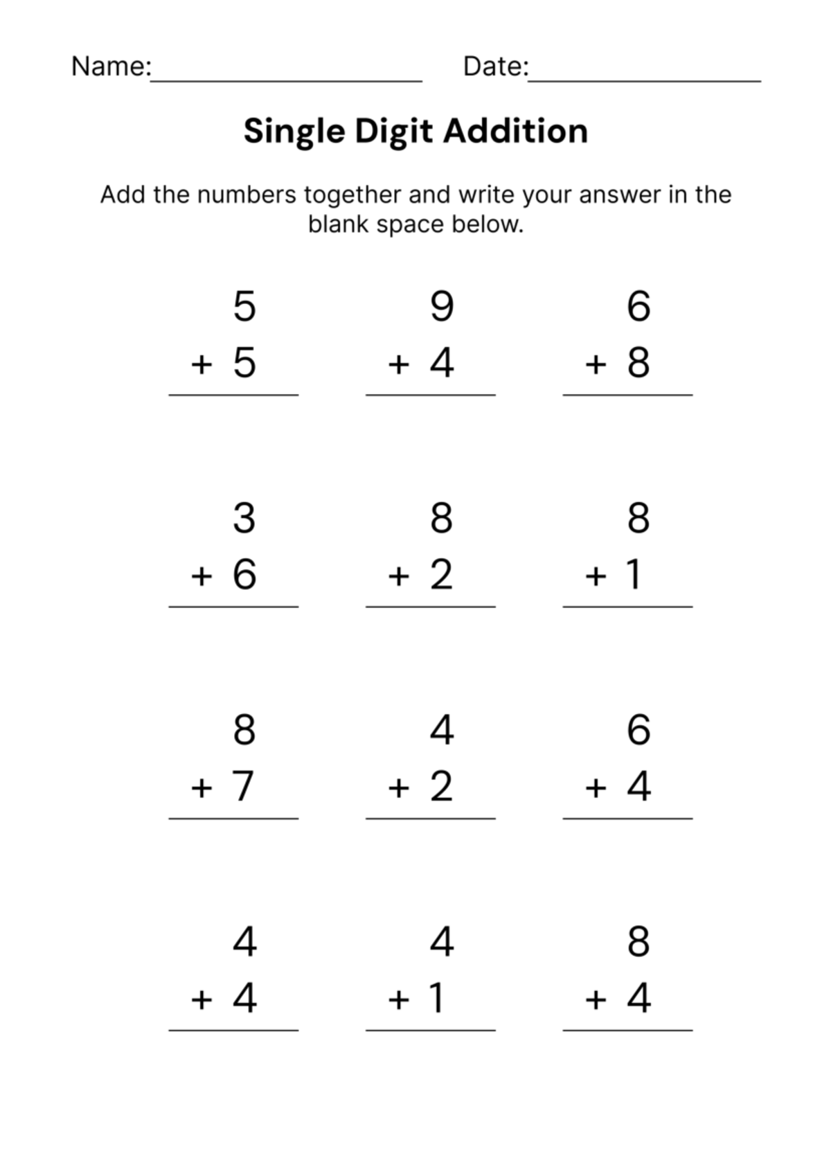 Single-Digit Addition Practice Worksheet – Version 1 - Name: Date ...