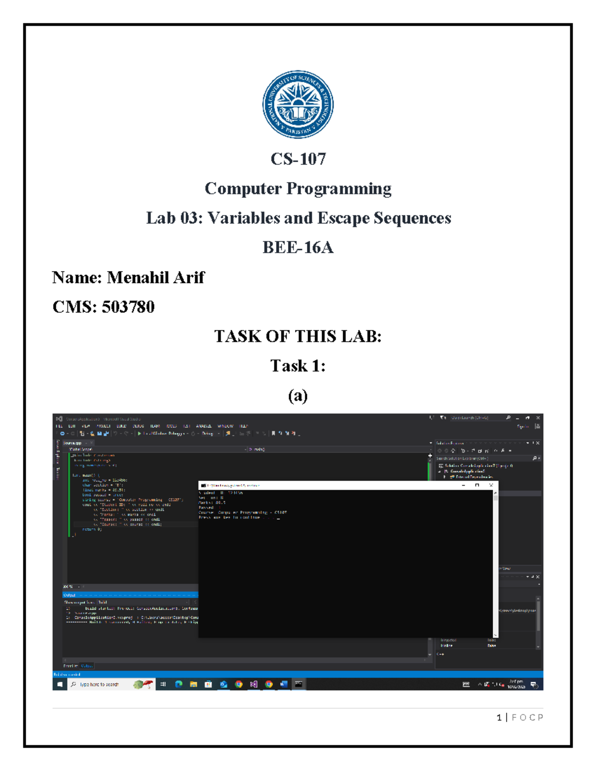 Menahil Arif Lab Task 3 FOCP 503780 BEE16A - Copy - Computer Science ...