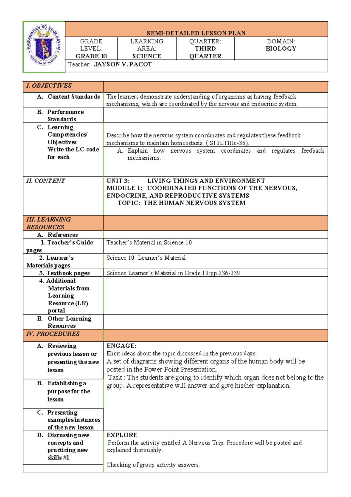 Lesson Plan: 3rd Grade Science 10 - Biology Unit on Nervous System - Studocu