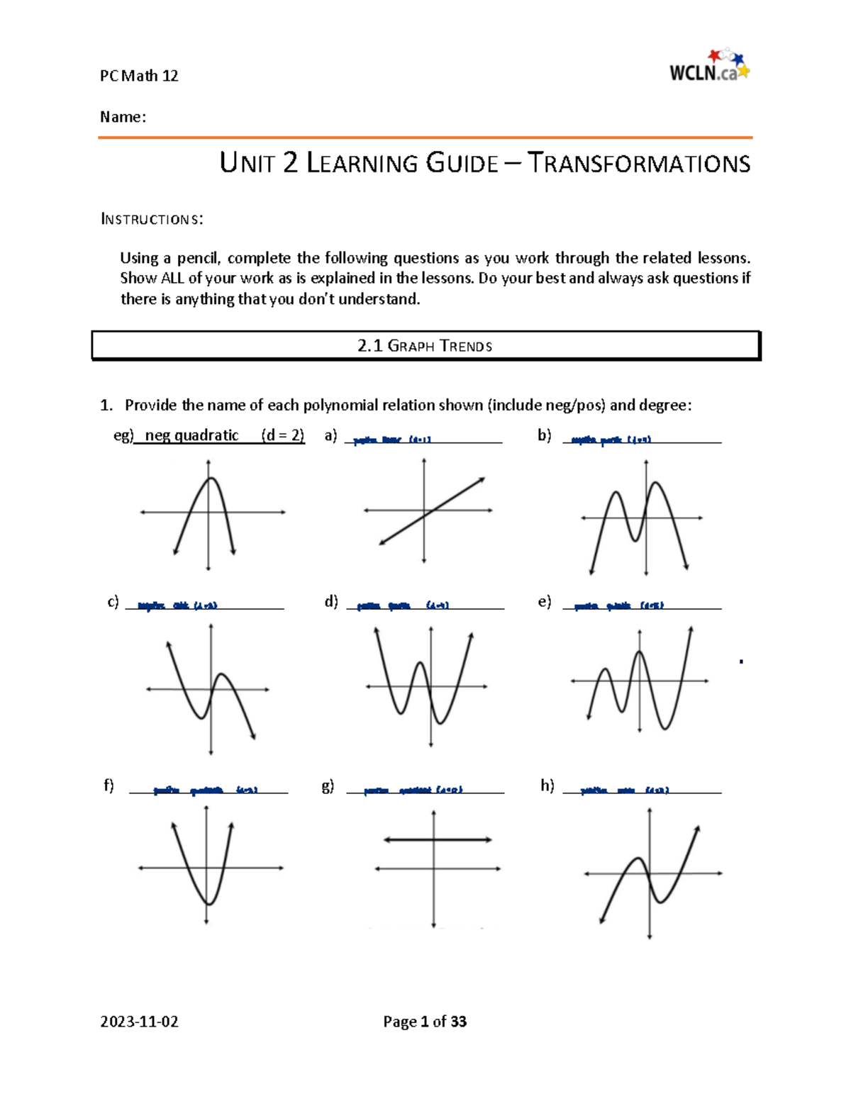 Math 12 - lol - Name: UNIT 2 LEARNING GUIDE – T RANSFORMATIONS I ...
