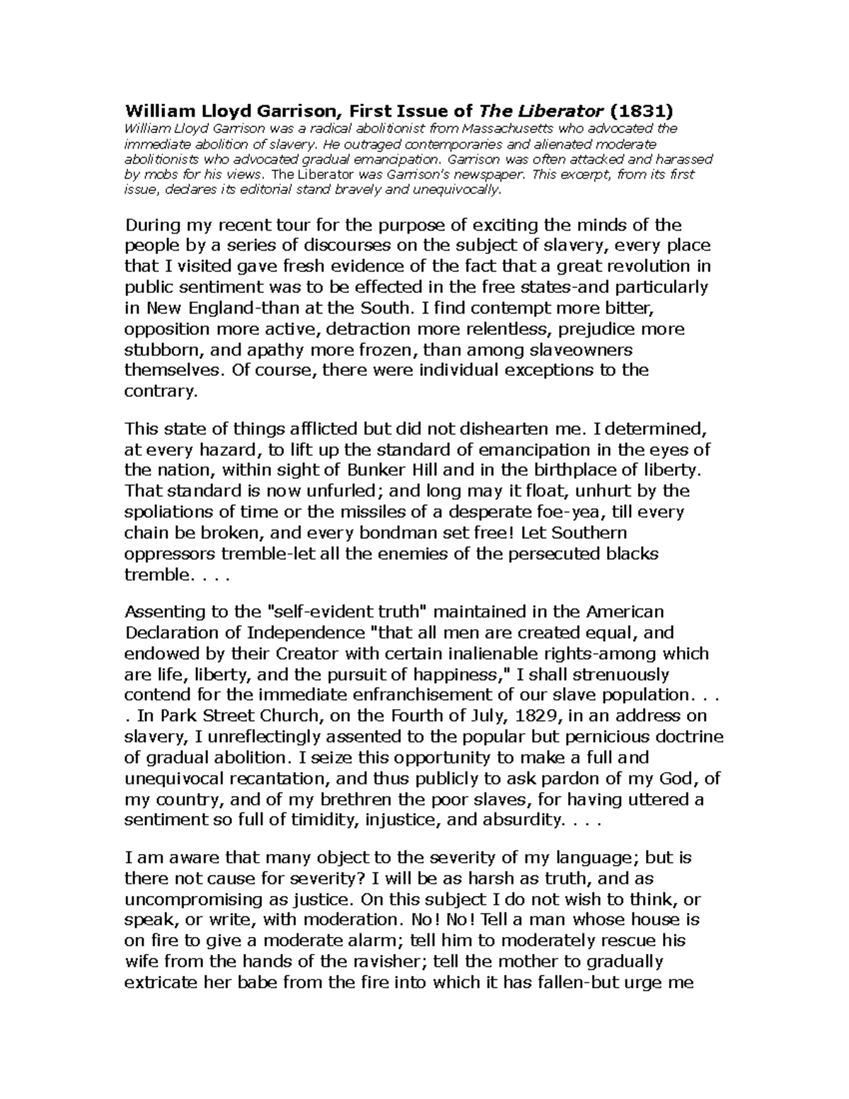 The Liberator: William Lloyd Garrison's Call for Immediate Emancipation ...