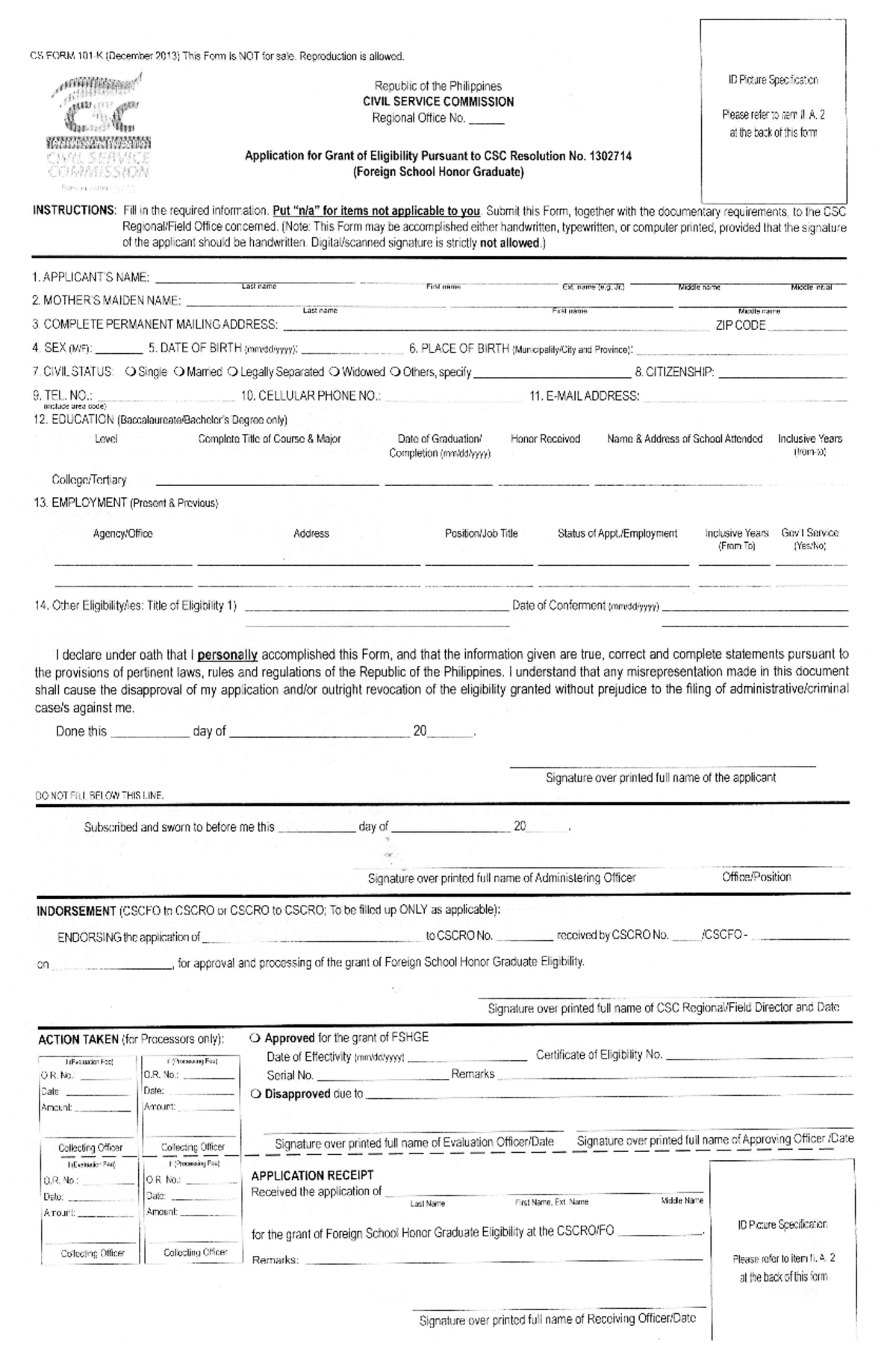 CS Form for Foreign School Honor Graduate Eligibility Application - Studocu