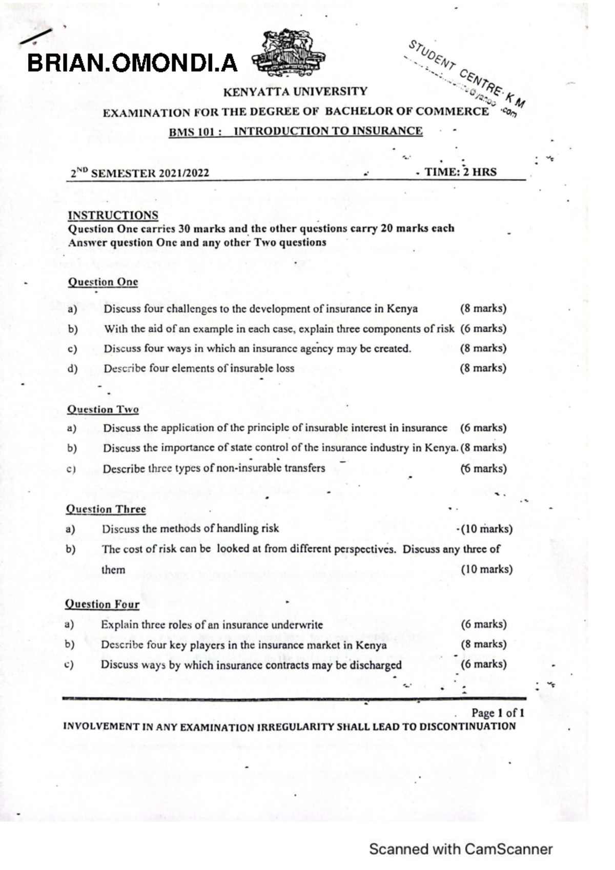 BMS 101: Past Exam Papers on Introduction to Insurance - Studocu
