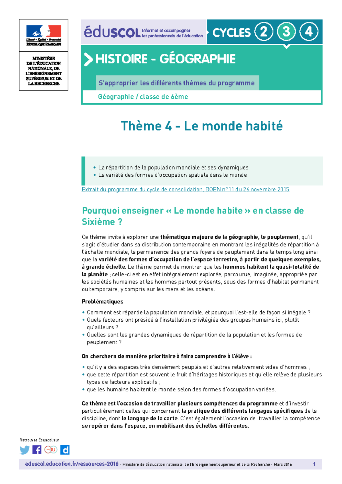 GEO 6e Thème 4 : Analyse du Peuplement Mondial en Classe de 6ème - Studocu