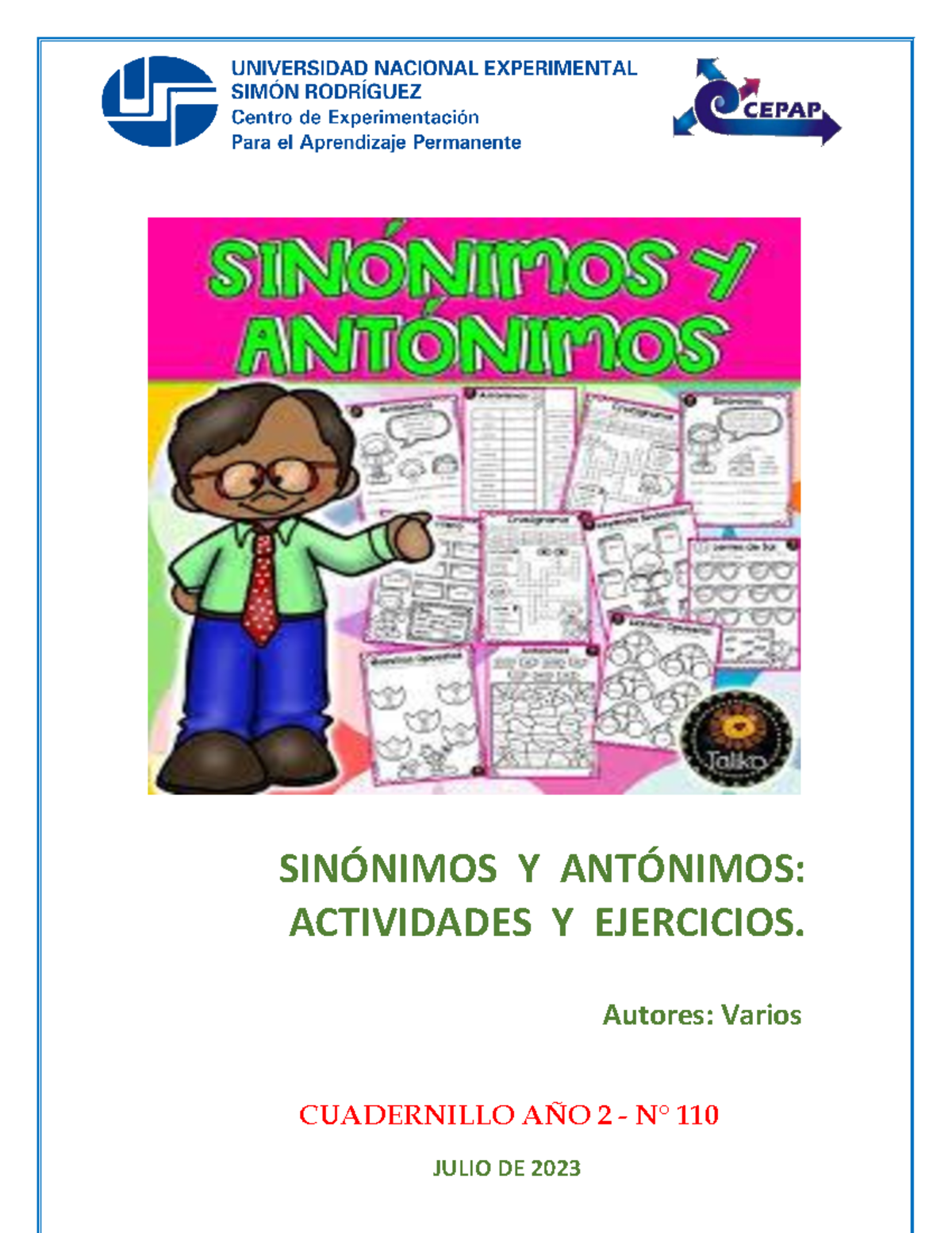 SINÓNIMOS Y ANTÓNIMOS: ACTIVIDADES Y EJERCICIOS - CUADERNILLO AÑO 2 110 ...
