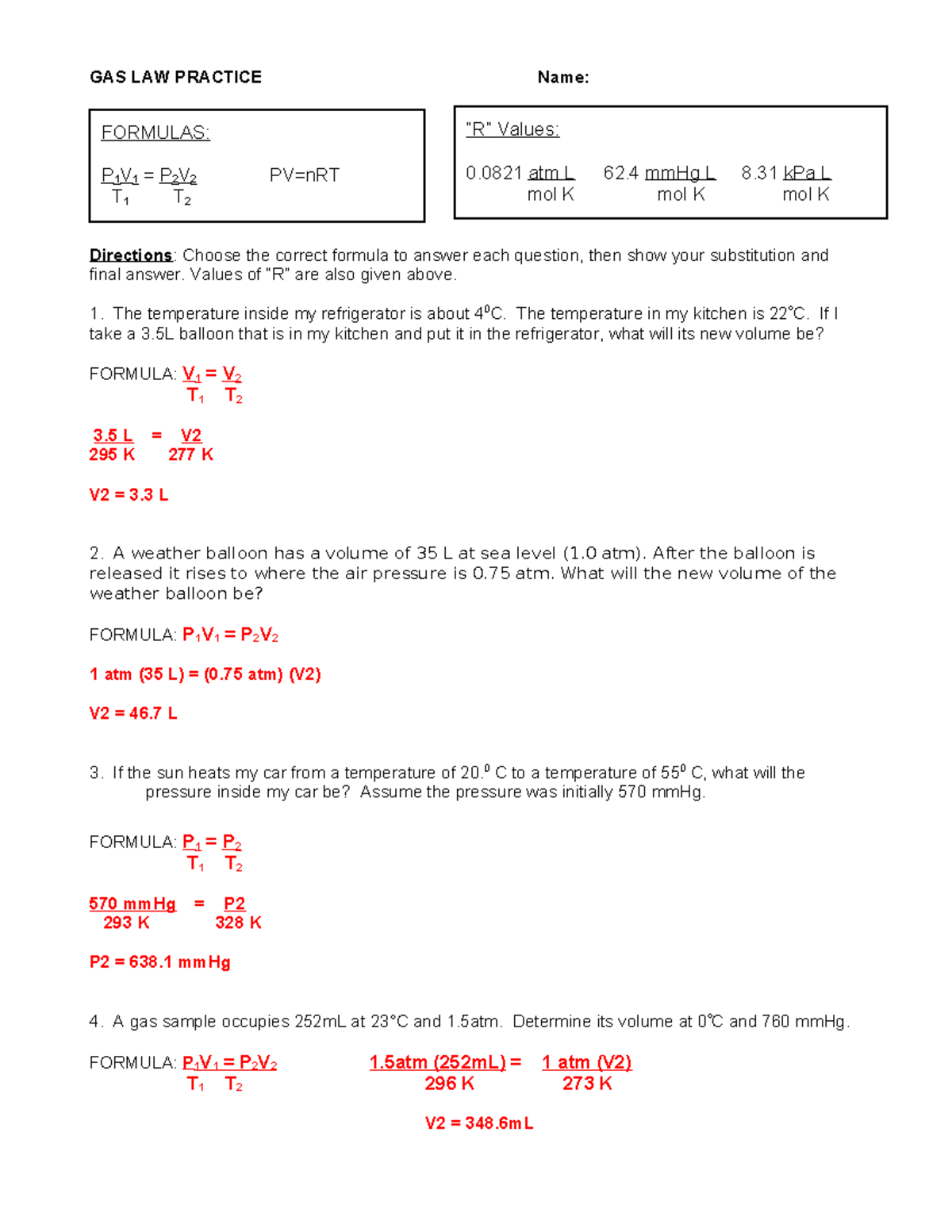 Gaswkst Mgkey - Practice for gas - GAS LAW PRACTICE Name: Directions ...