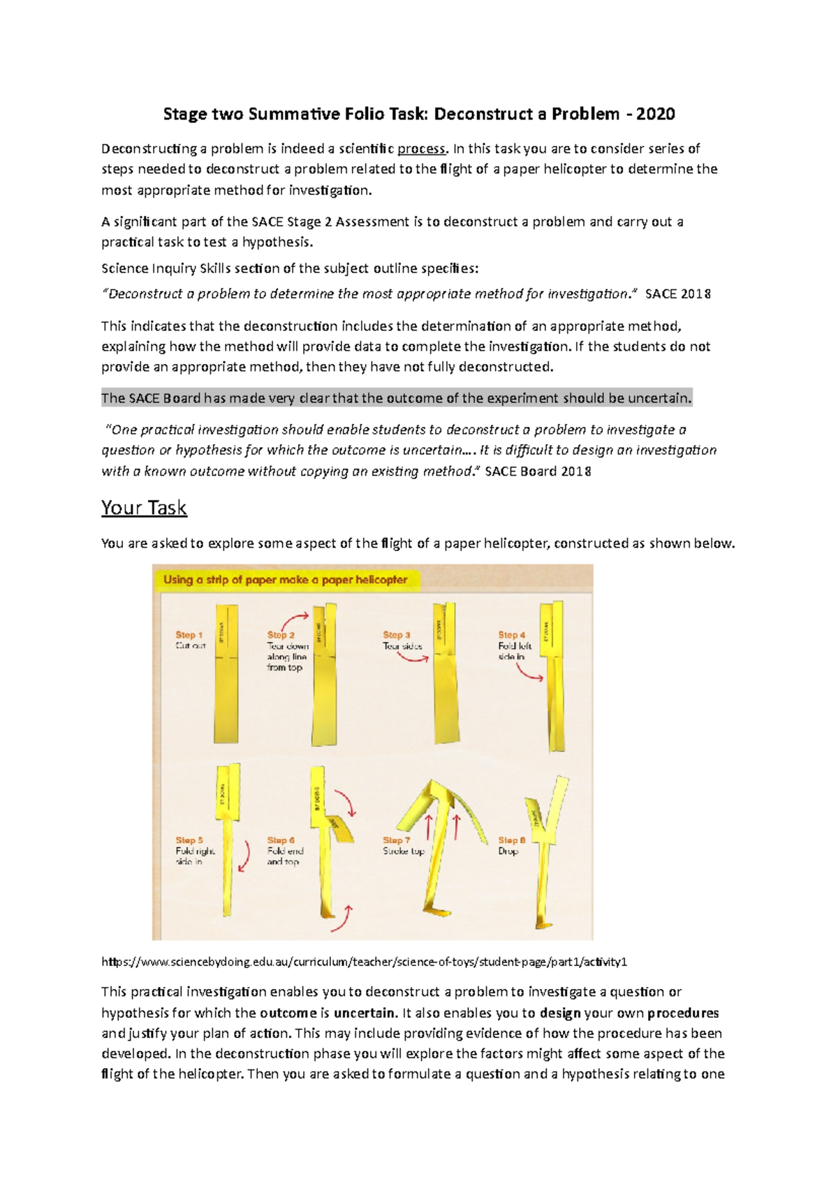SACE Stage 2 Deconstructing a Problem: Flight of Paper Helicopters ...
