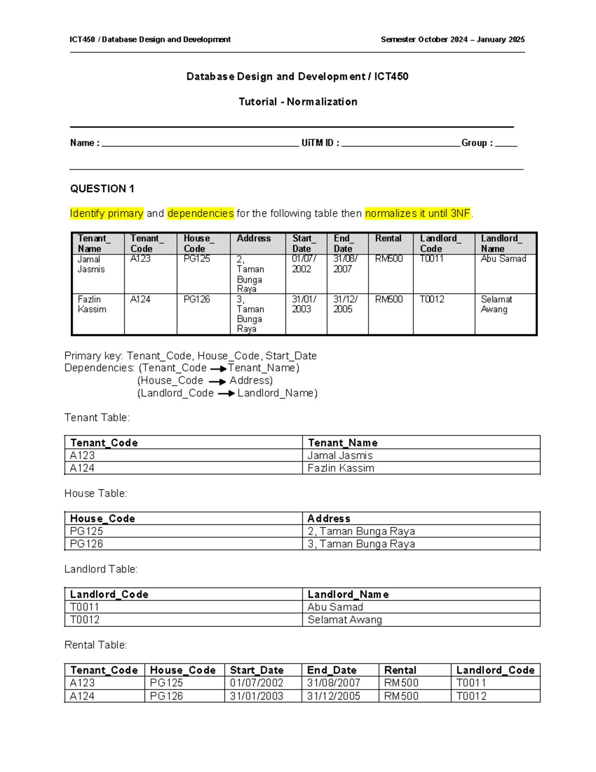 Tutorial on Normalization in Database Design (ICT450) - Studocu